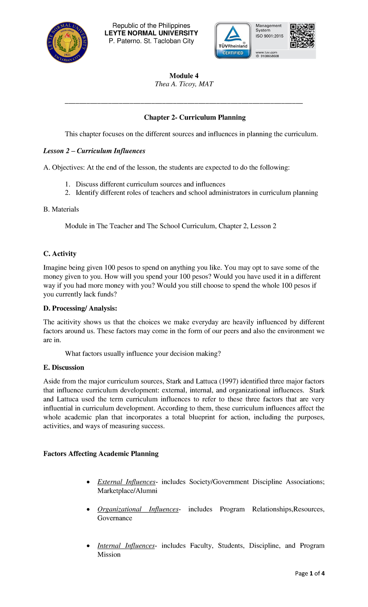 Module 4 Chapter 2 Lesson 2 Profed 108 - LEYTE NORMAL UNIVERSITY P. Paterno. St. Tacloban City ...