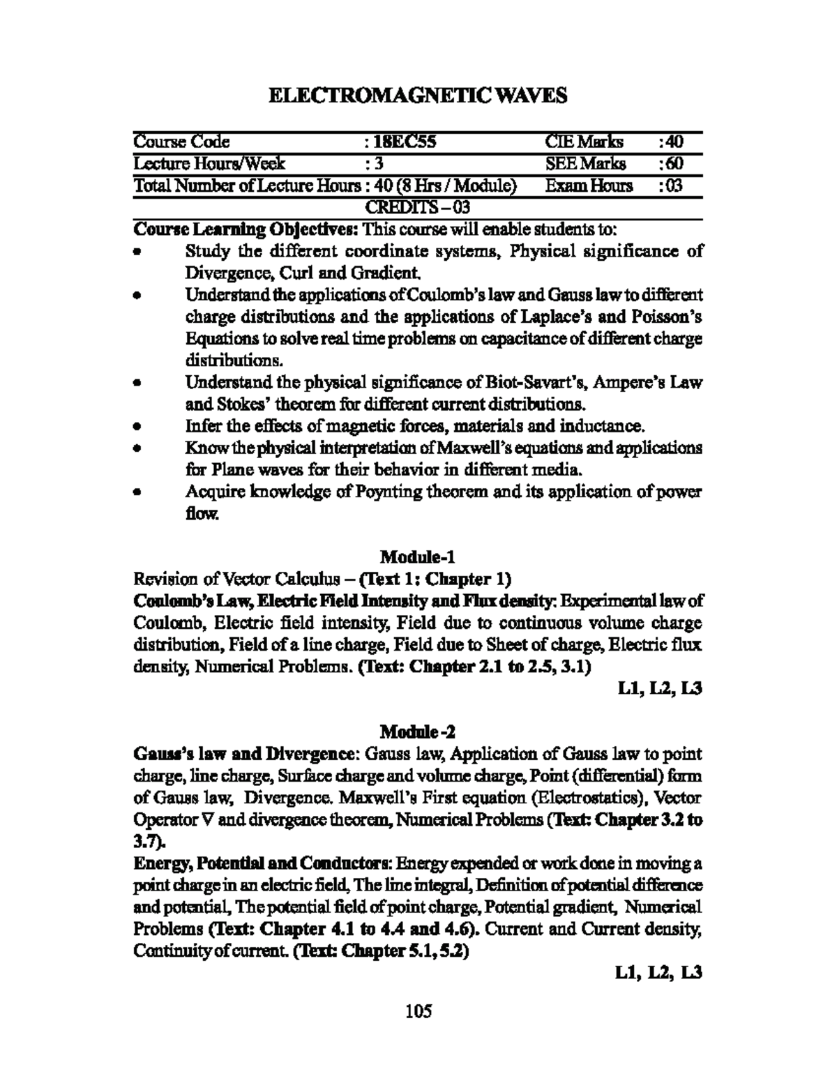18EC55 Syllabus - COURSE - electromagnetic wave - Studocu