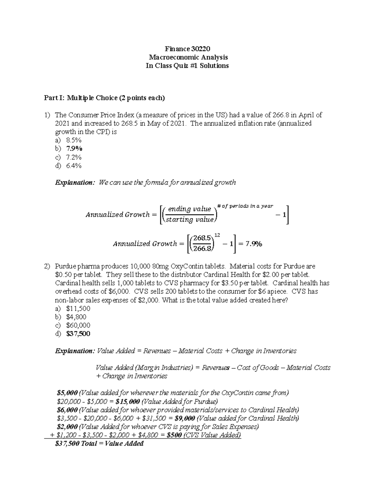 In Class Quiz #1 Solutions - Finance 3 0220 Macroeconomic Analysis In Class Quiz #1 Solutions ...