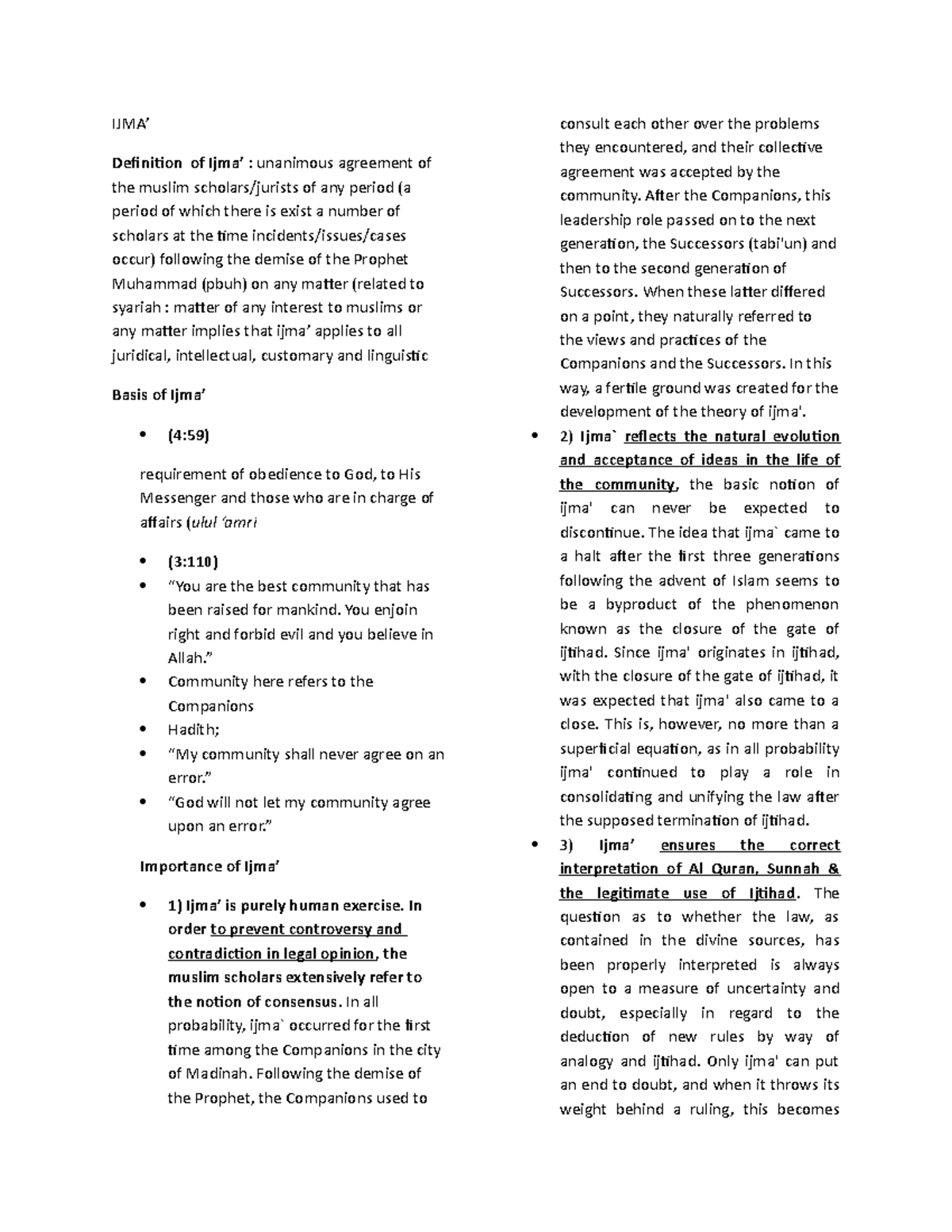 3 IJMA - topic 3 - IJMA’ Definition of Ijma’ : unanimous agreement of ...