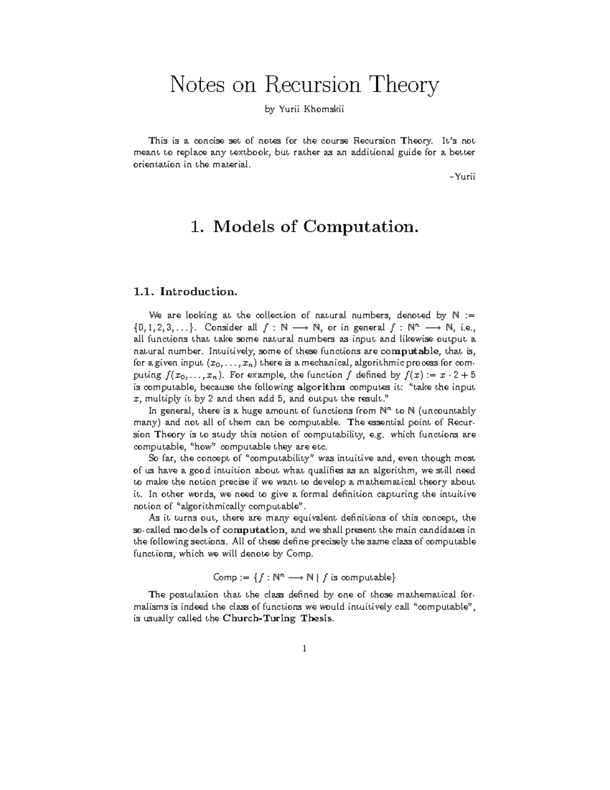 Recursion - None - Notes on Recursion Theory by Yurii Khomskii This is ...