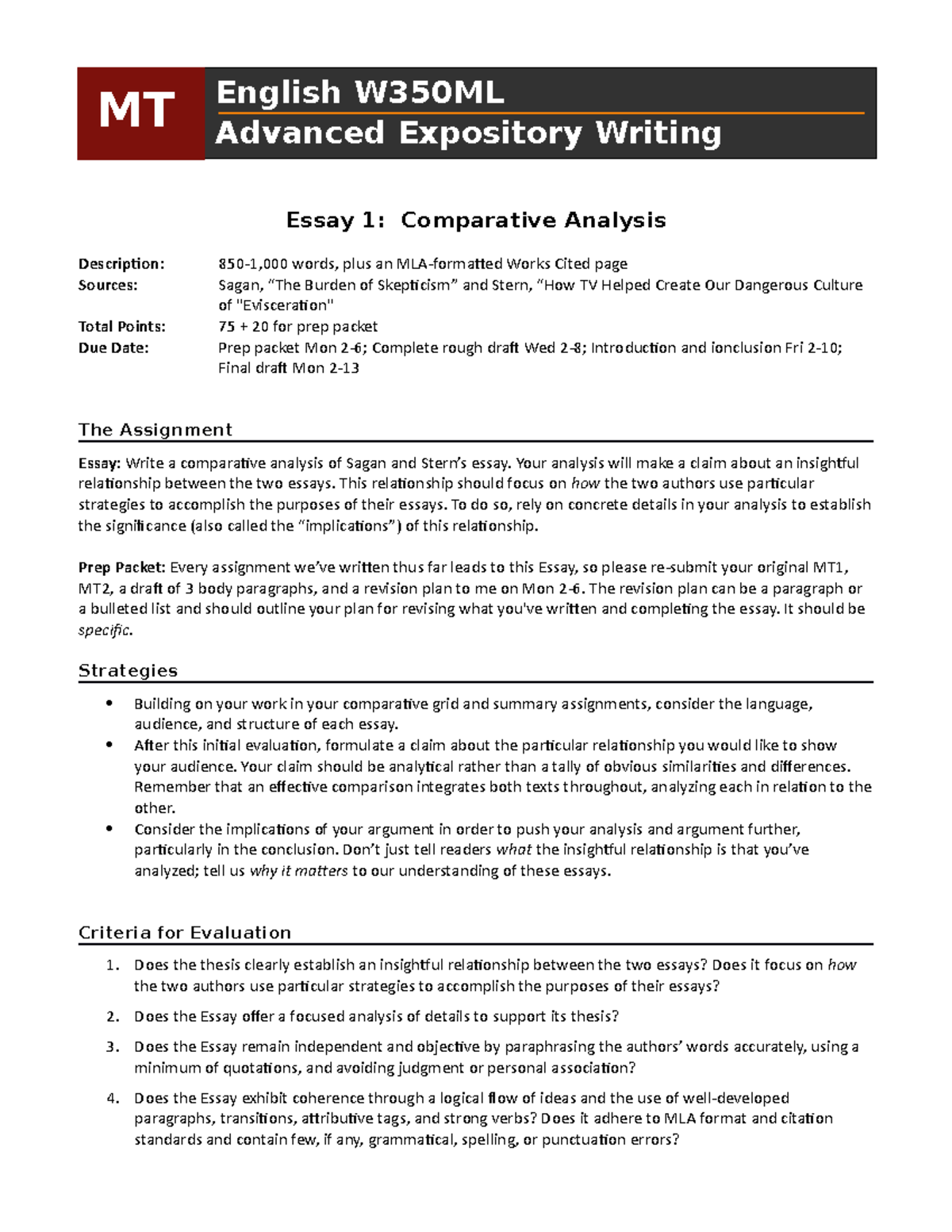 U1 - E1 - Assignment Sheet 2017 - Essay 1: Comparative Analysis ...
