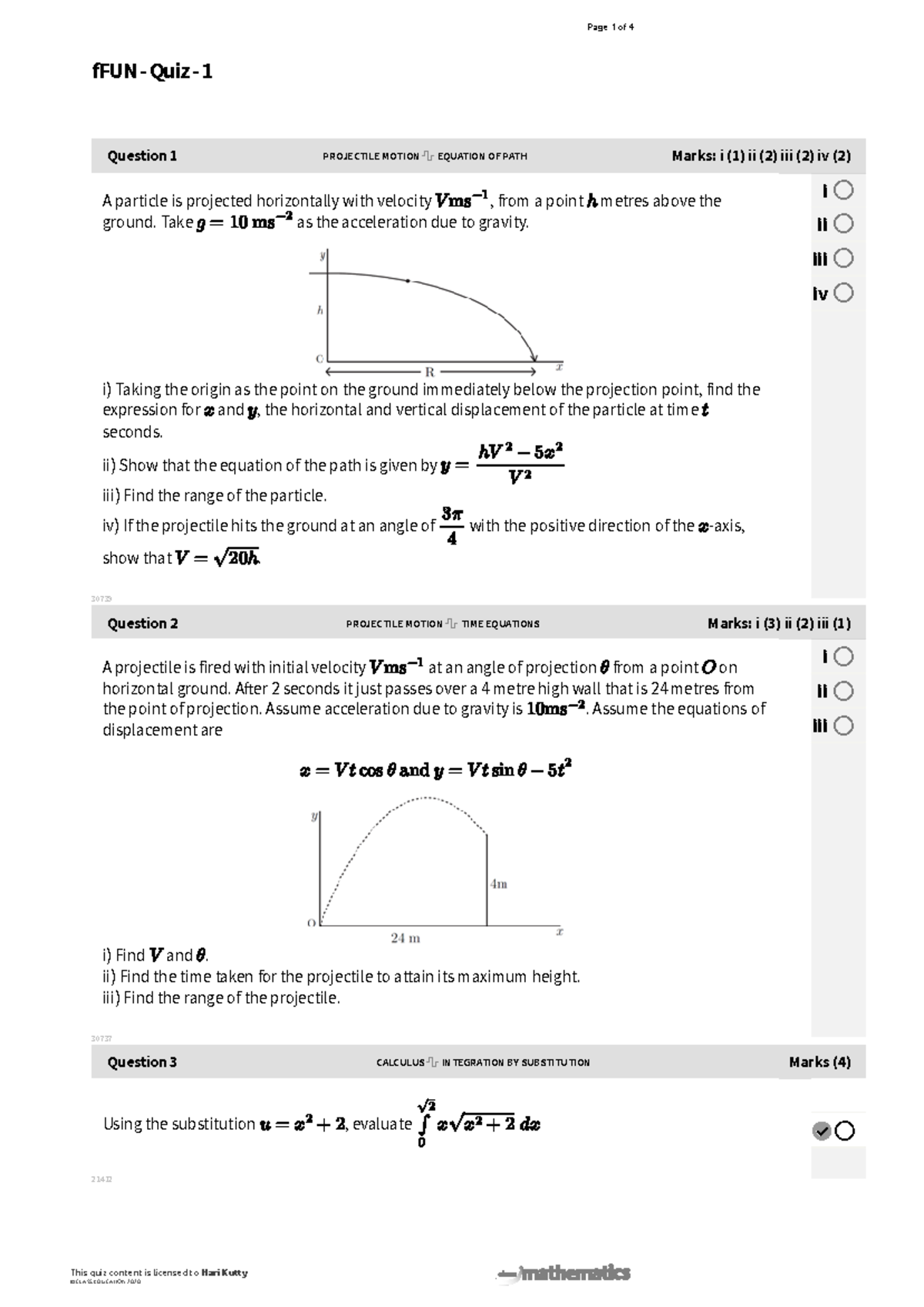 F FUN - integration and projectiles - fFUN - Quiz - 1 Question 1 ...