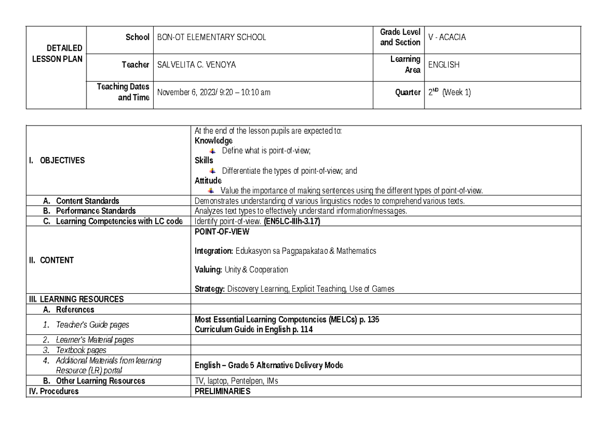 Detailed Lesson PLAN for CO 2 english - DETAILED LESSON PLAN School BON ...