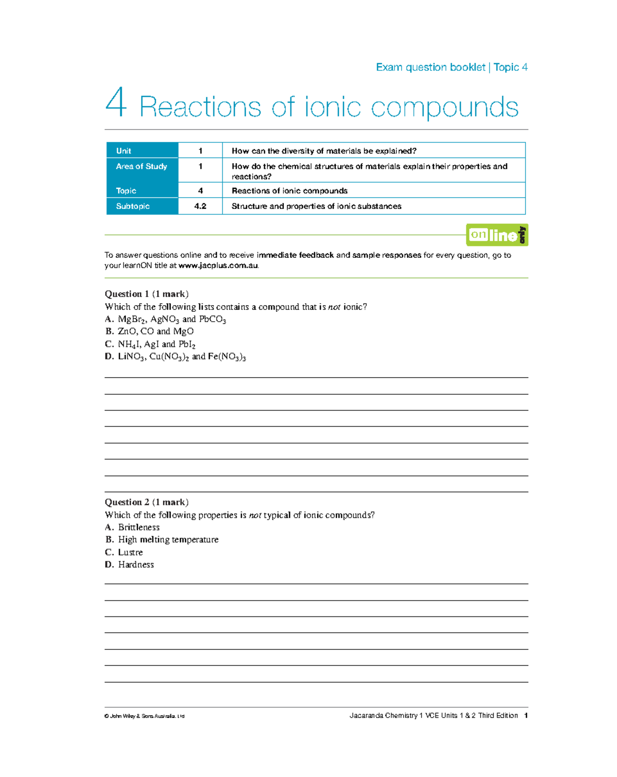 Ionic Compounds Practice Exam Qs and solns - Exam question booklet ...