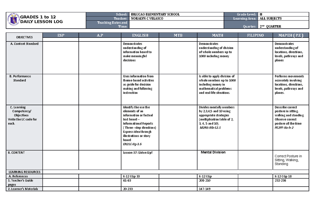 DLL ALL Subjects 2 Q2 W10 D2 - GRADES 1 to 12 DAILY LESSON LOG School ...