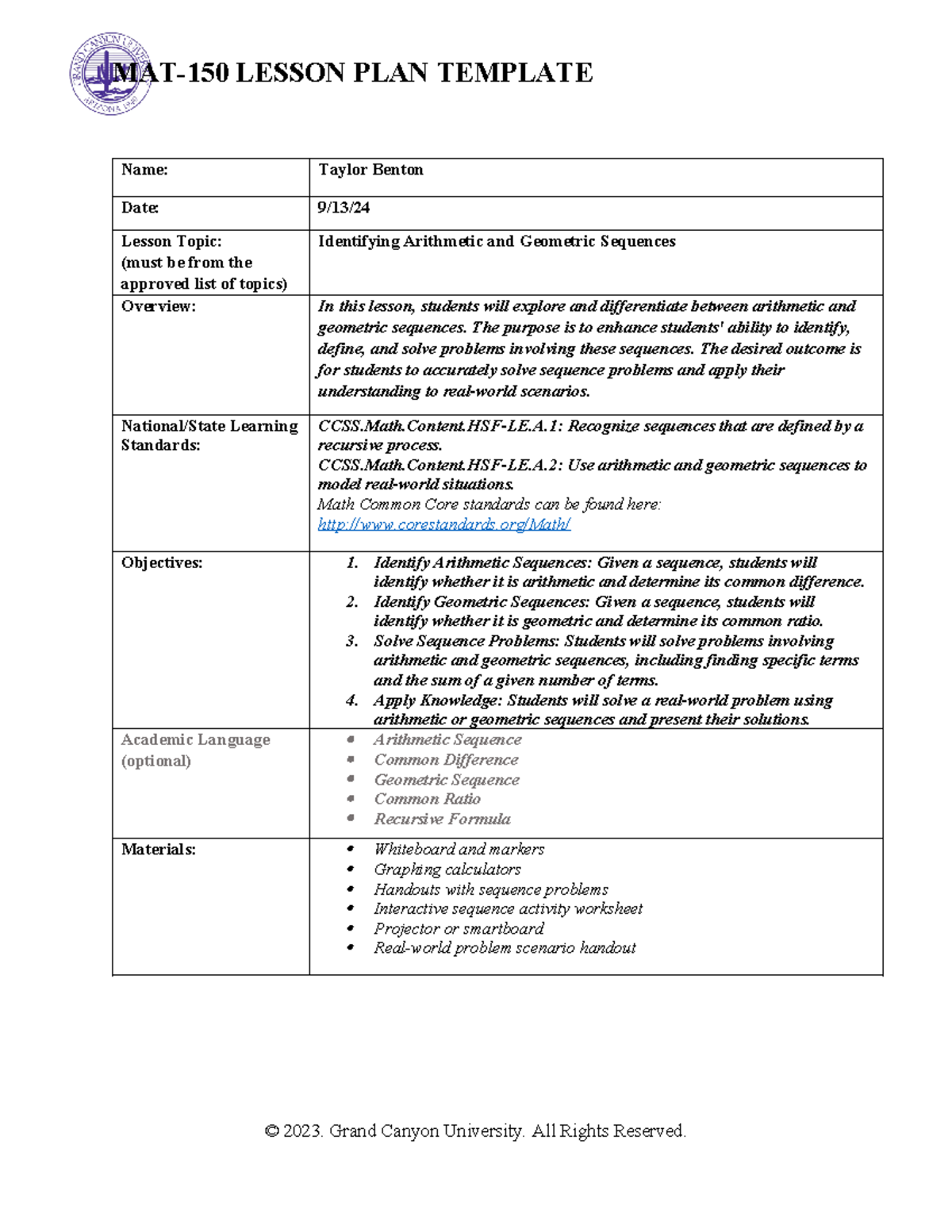 MAT-150 Lesson Plan - MAT-150 LESSON PLAN TEMPLATE Name: Taylor Benton ...