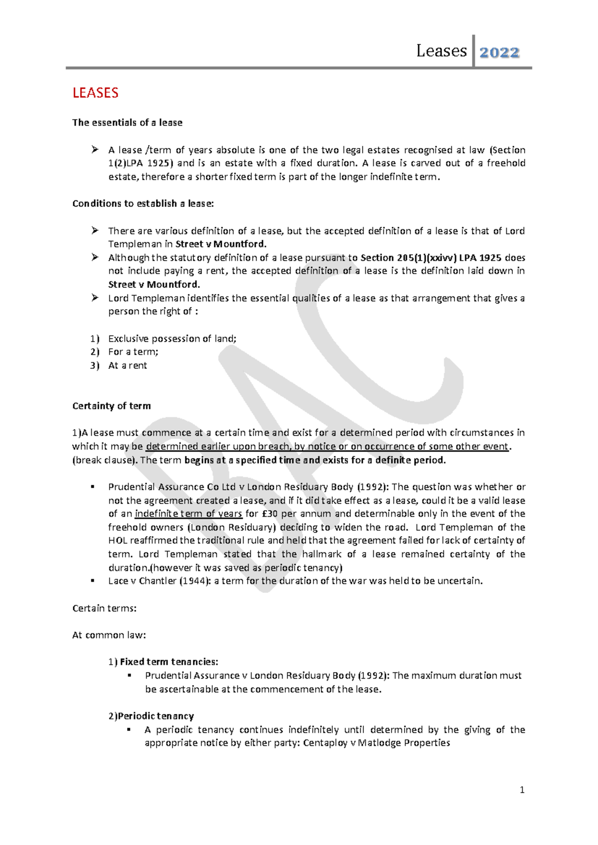 Leases - lecture notes - LEASES The essentials of a lease A lease /term ...