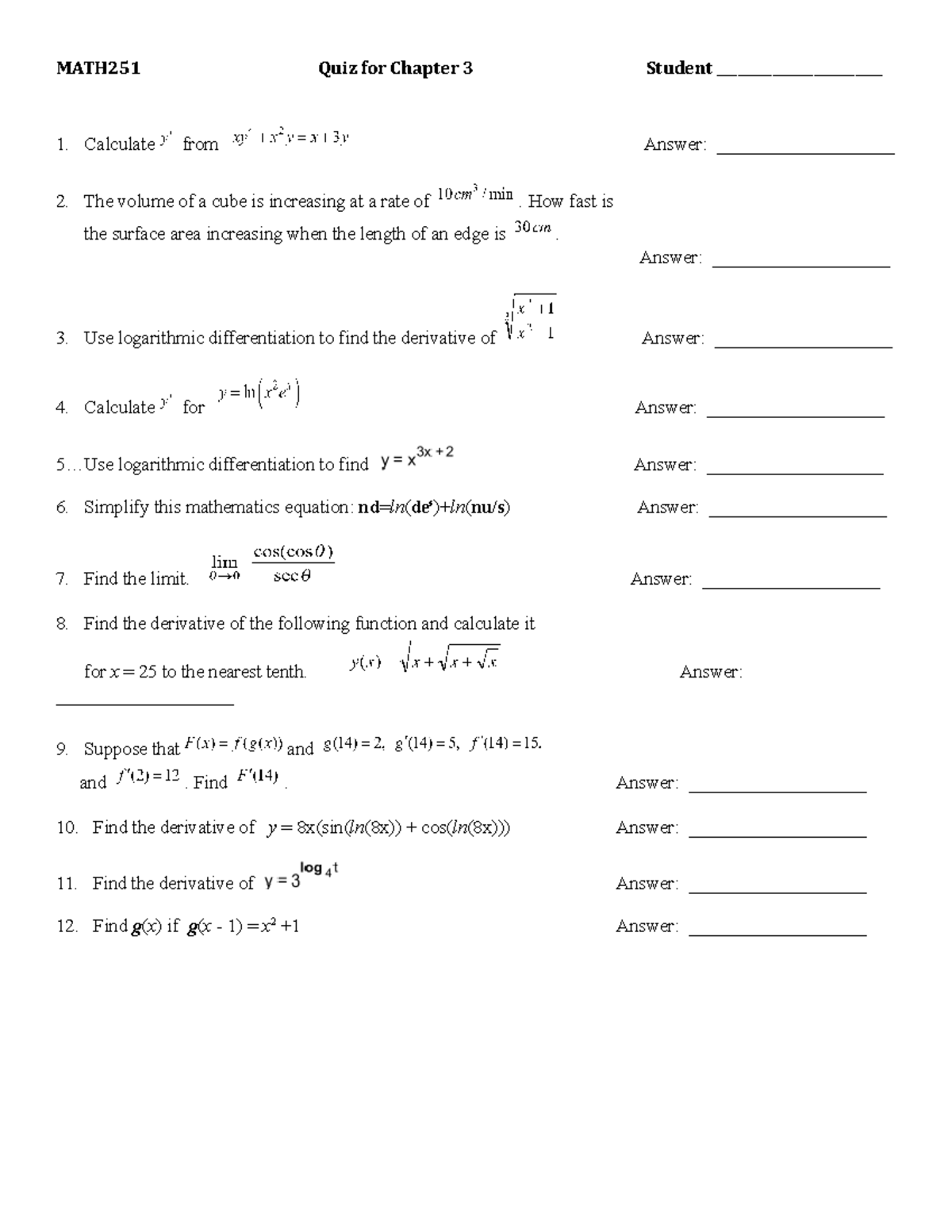 Physics practice quiz - MATH251 Quiz for Chapter 3 Student ...