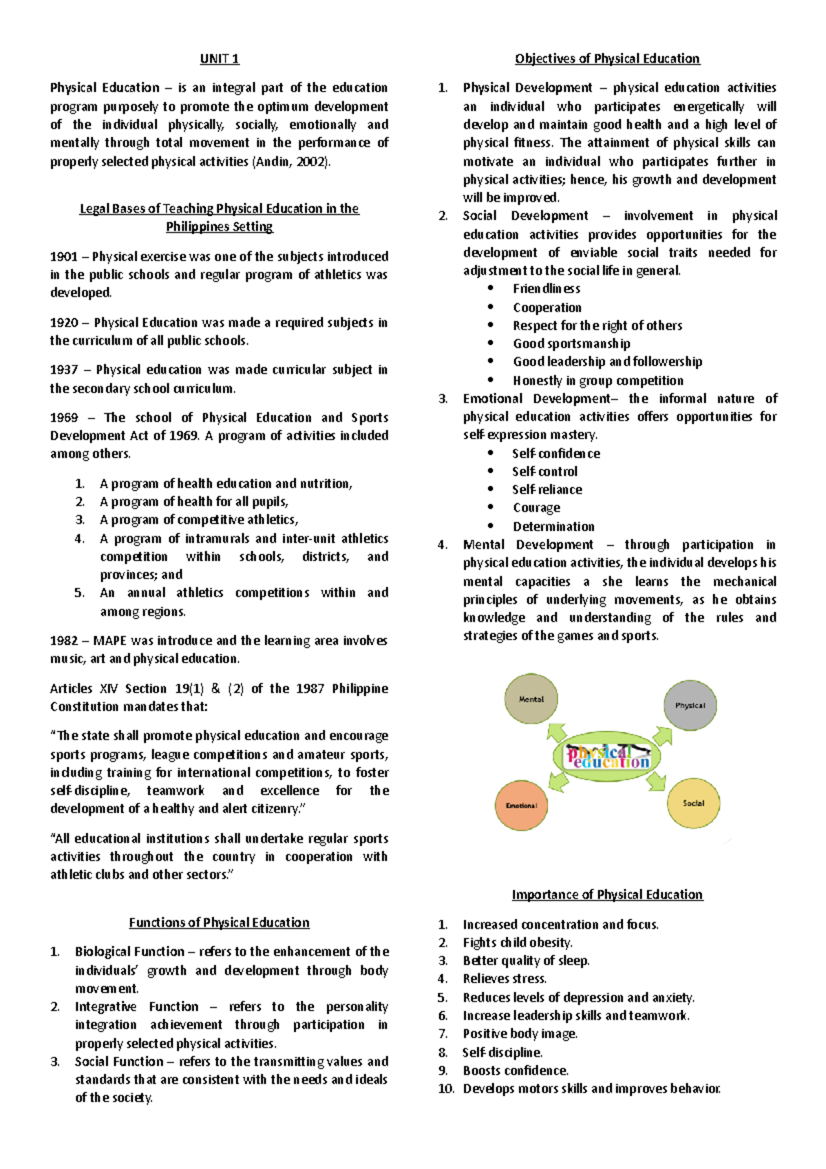 PE UNIT 1 AND 2 - keep quite - UNIT 1 Physical Education – is an ...