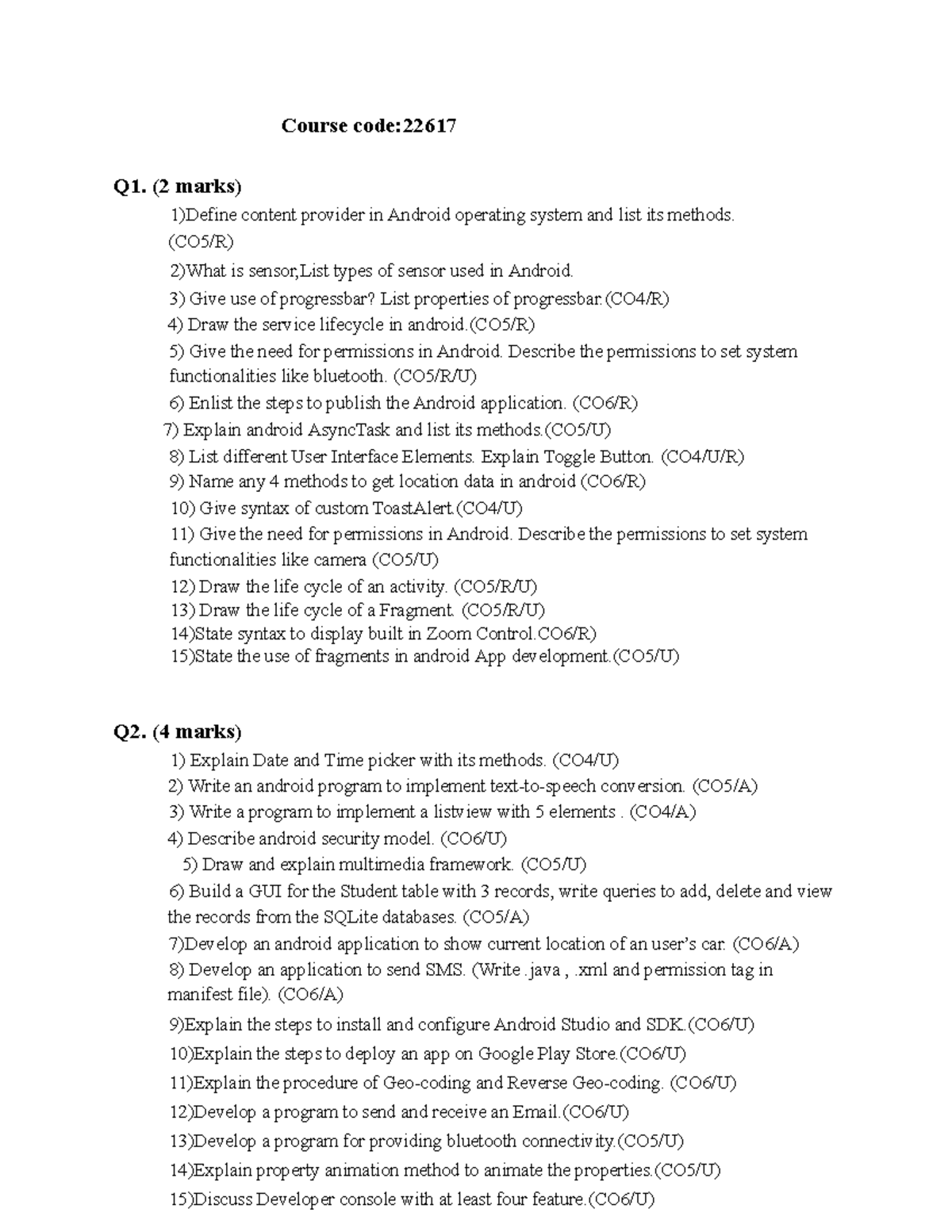 MAD CT-2 QB - Questions for revision - Course code: Q1. (2 marks) 1)Define content provider in ...