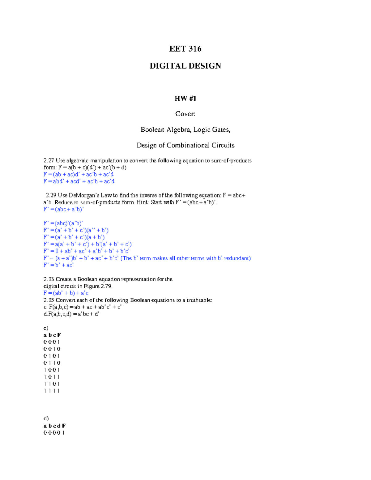 EET 316-Hw1-solution - Homework 1 solution - EET 316 DIGITAL DESIGN HW Cover: Boolean Algebra ...