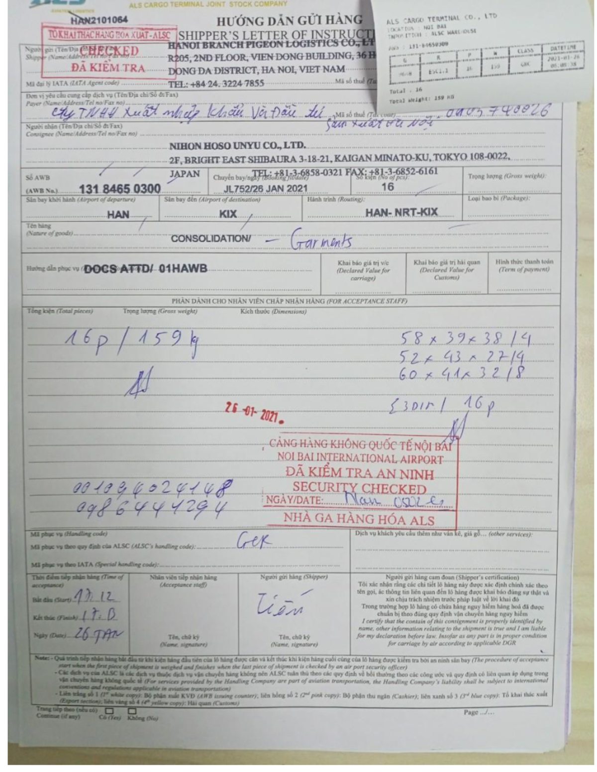 Phieu can - dfdff - ALS CARGO TERMINAL JOINT STOCK COMPANY HAN2101064 ...