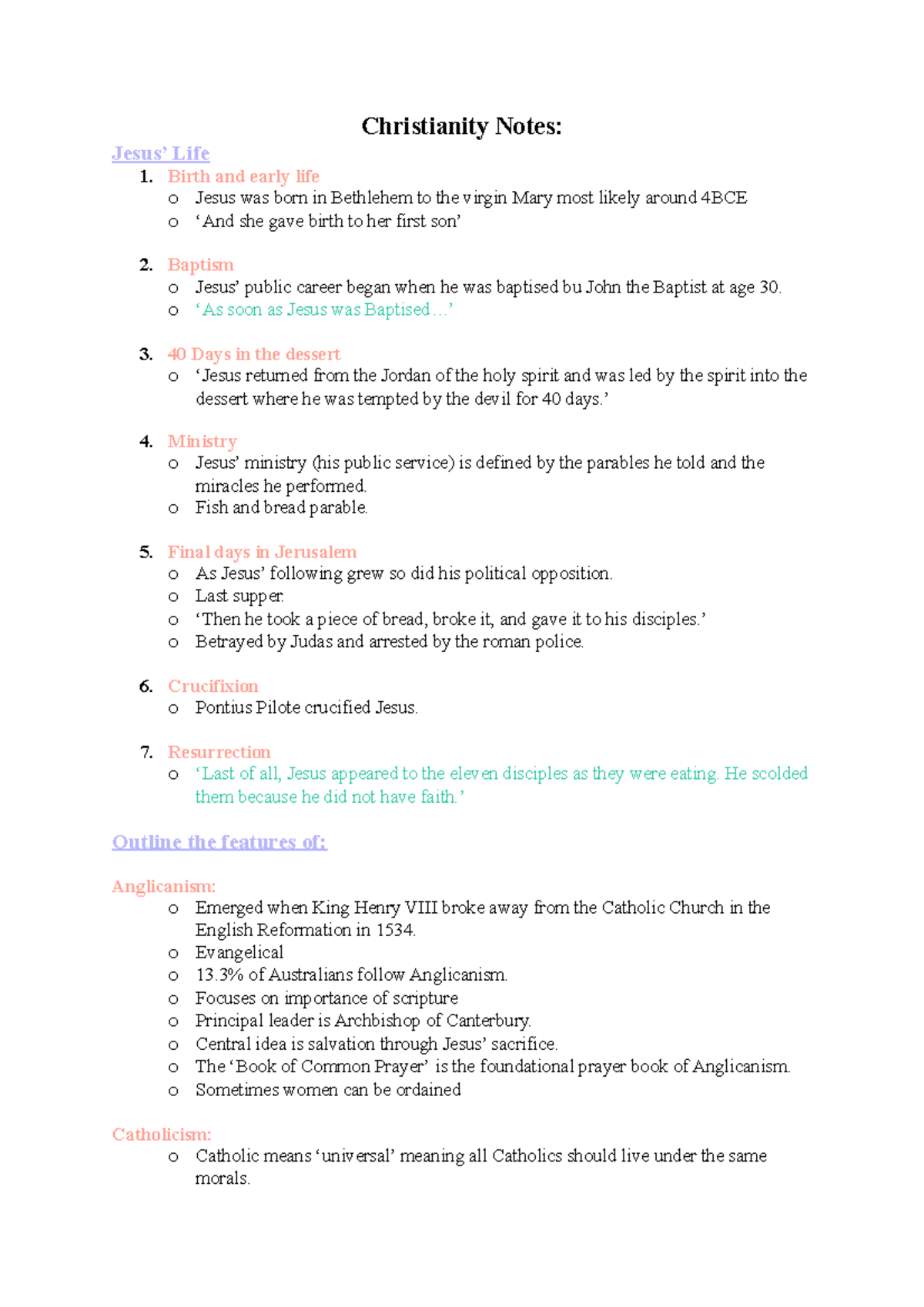 Christianity Notes copy - Christianity Notes: Jesus’ Life 1. Birth and ...