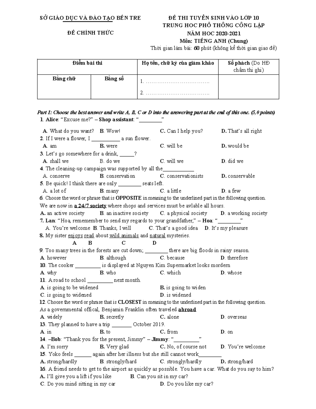 De thi tuyen sinh vao lop 10 mon Tieng Anh tinh Ben Tre Nh 20202021 - SỞ GIÁO DỤC VÀ ĐÀO TẠO BẾN ...