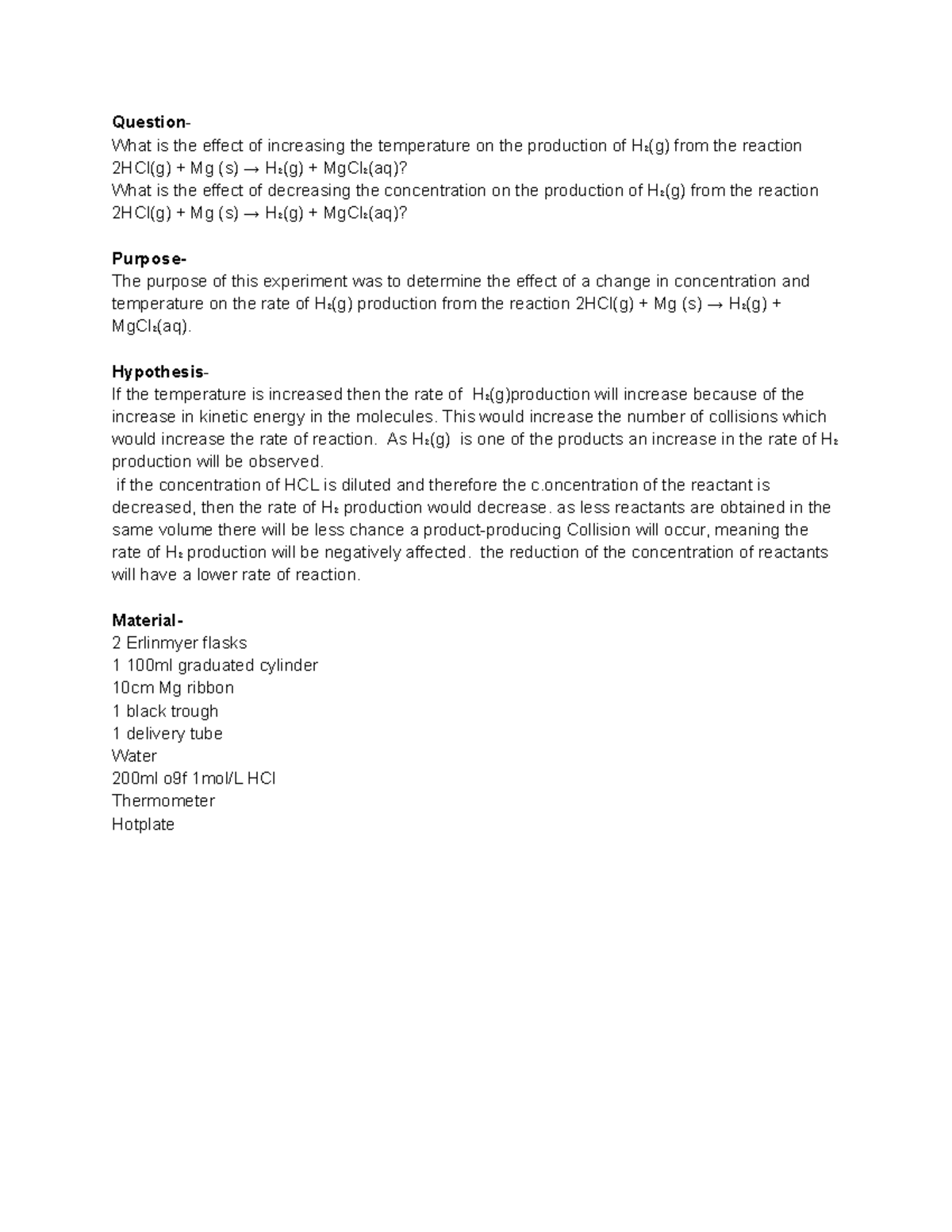 Rates of reaction lab - Question- What is the effect of increasing the ...