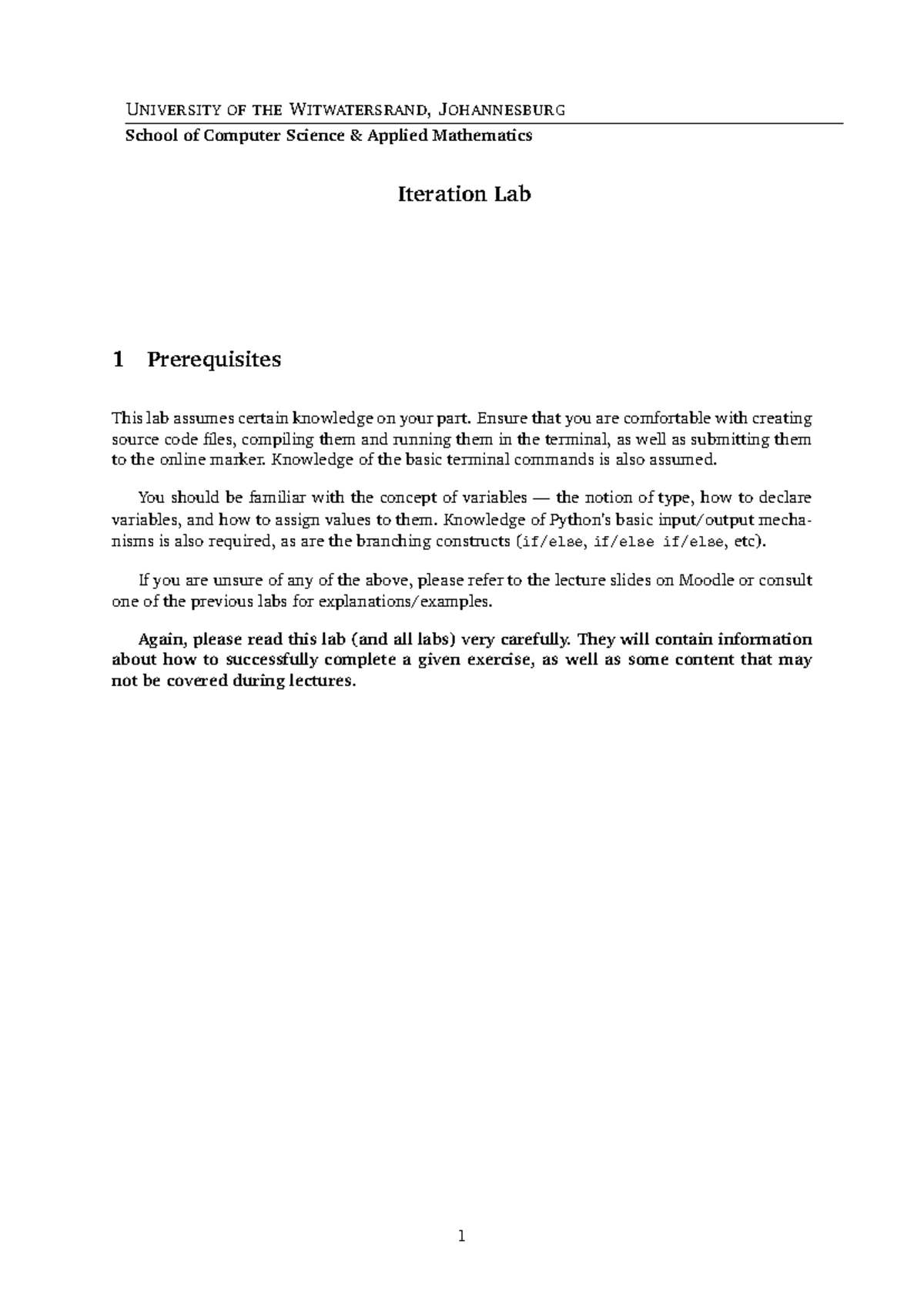 Iteration lab-1 - UNIVERSITY OF THE WITWATERSRAND, JOHANNESBURG School of Computer Science ...