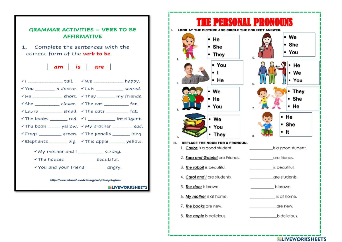 Ficha 1 VERB TO BE 1 Grado - THE PERSONAL PRONOUNS GRAMMAR ACTIVITIES ...