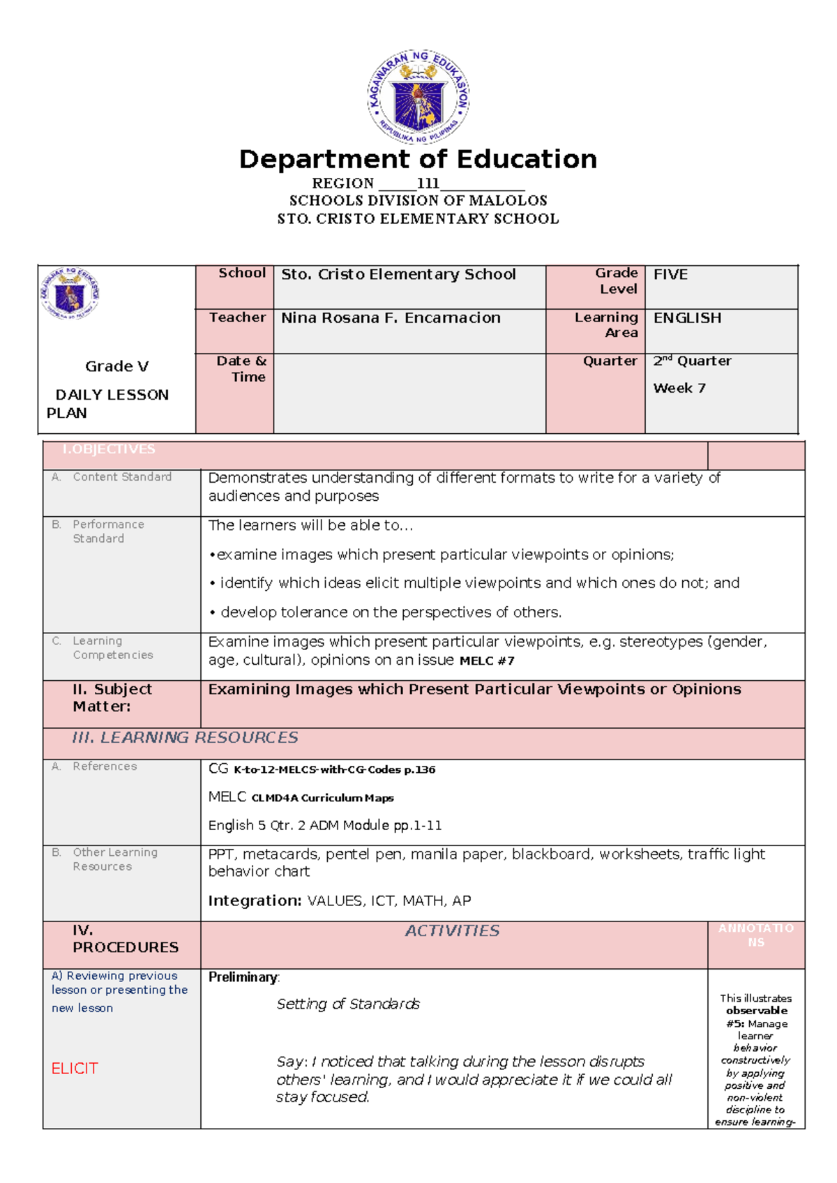 COT ENG 5 qtr2 Wk7 - DOWNLOADABLE LP FOR COT - Department of Education ...