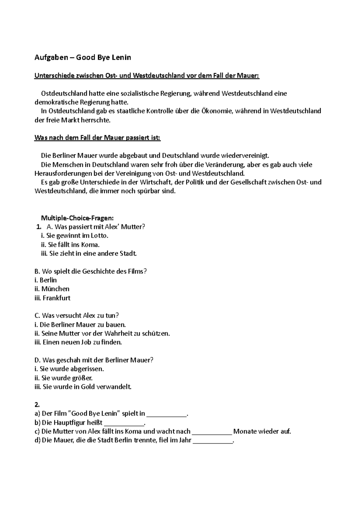 Aufgaben zu Good Bye Lenin - Aufgaben – Good Bye Lenin Unterschiede ...