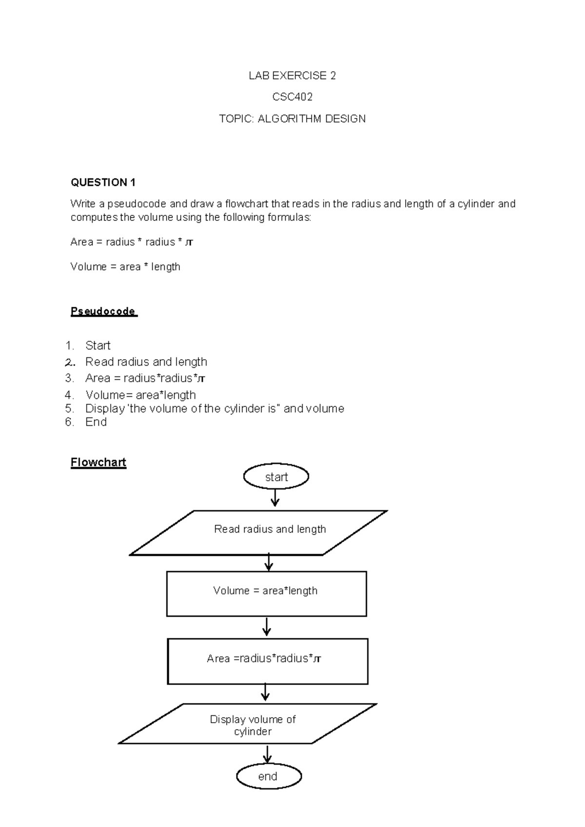 Exercise 2 Pseudocode And A Flowchart LAB EXERCISE 2 CSC TOPIC