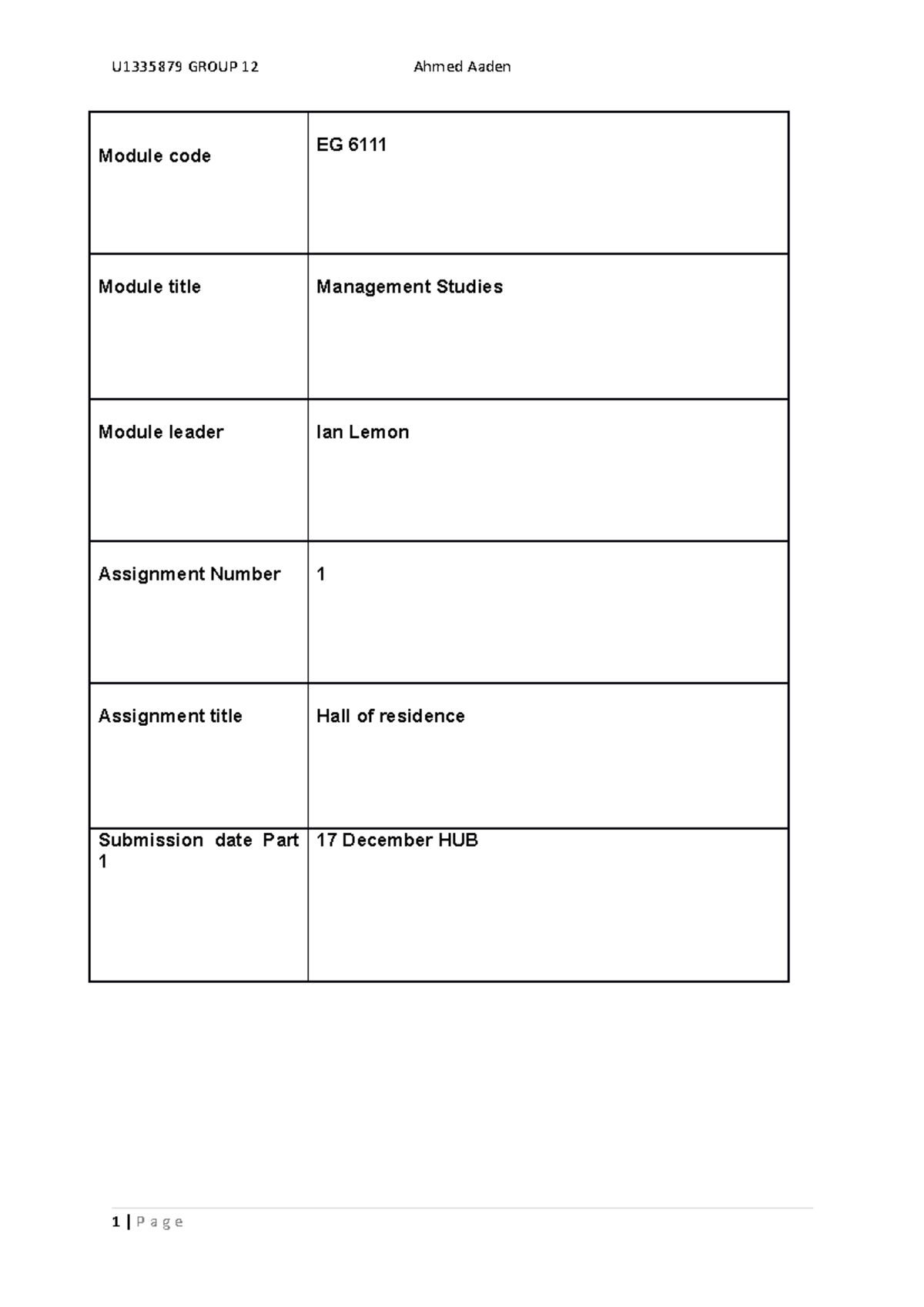 Module code11 - U1335879 GROUP 12 Module code Ahmed Aaden EG 6111 ...