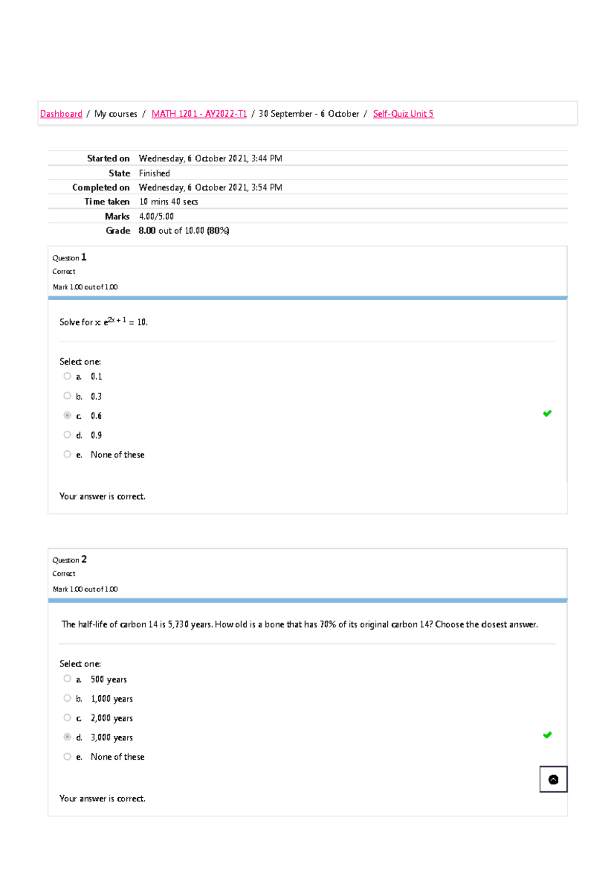 Self-Quiz Unit 5 Attempt review 2 - Started on Wednesday, 6 October 2021, 3:44 PM State Finished ...
