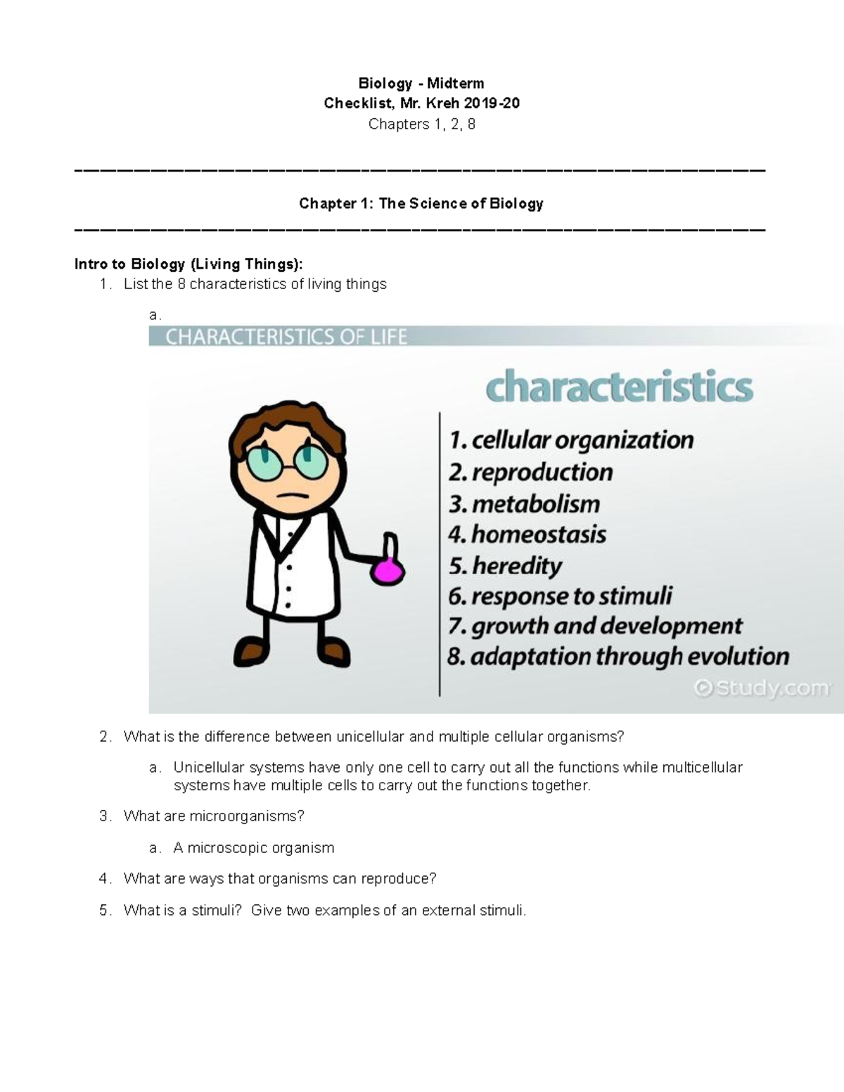 Bio Midterm Study Checklist - Biology - Midterm Checklist, Mr. Kreh ...