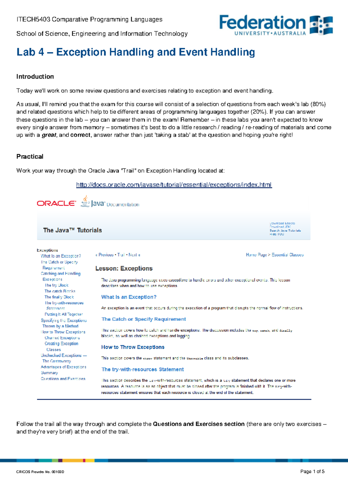 Lab 04 - Exception Handling and Event Handling [Answers] - School of ...