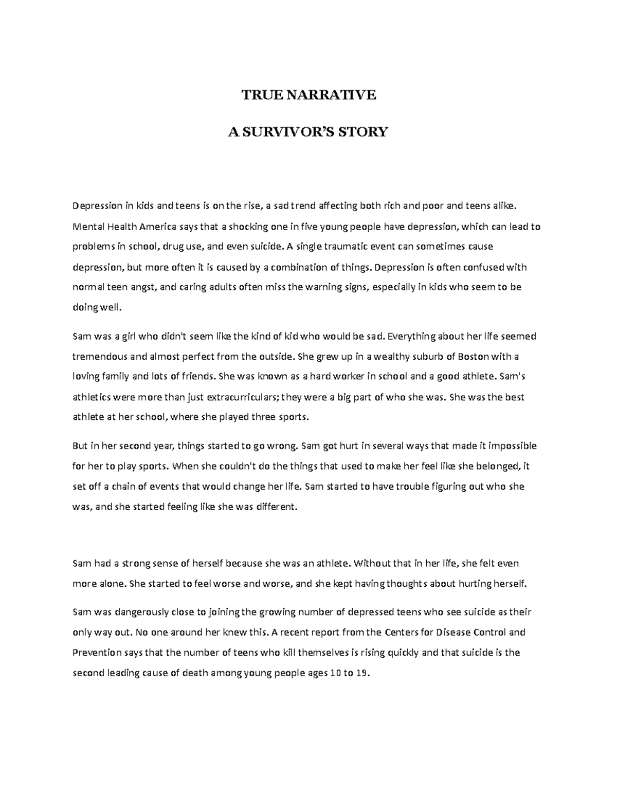 TRUE Narrative - TRUE NARRATIVE A SURVIVOR’S STORY Depression in kids ...