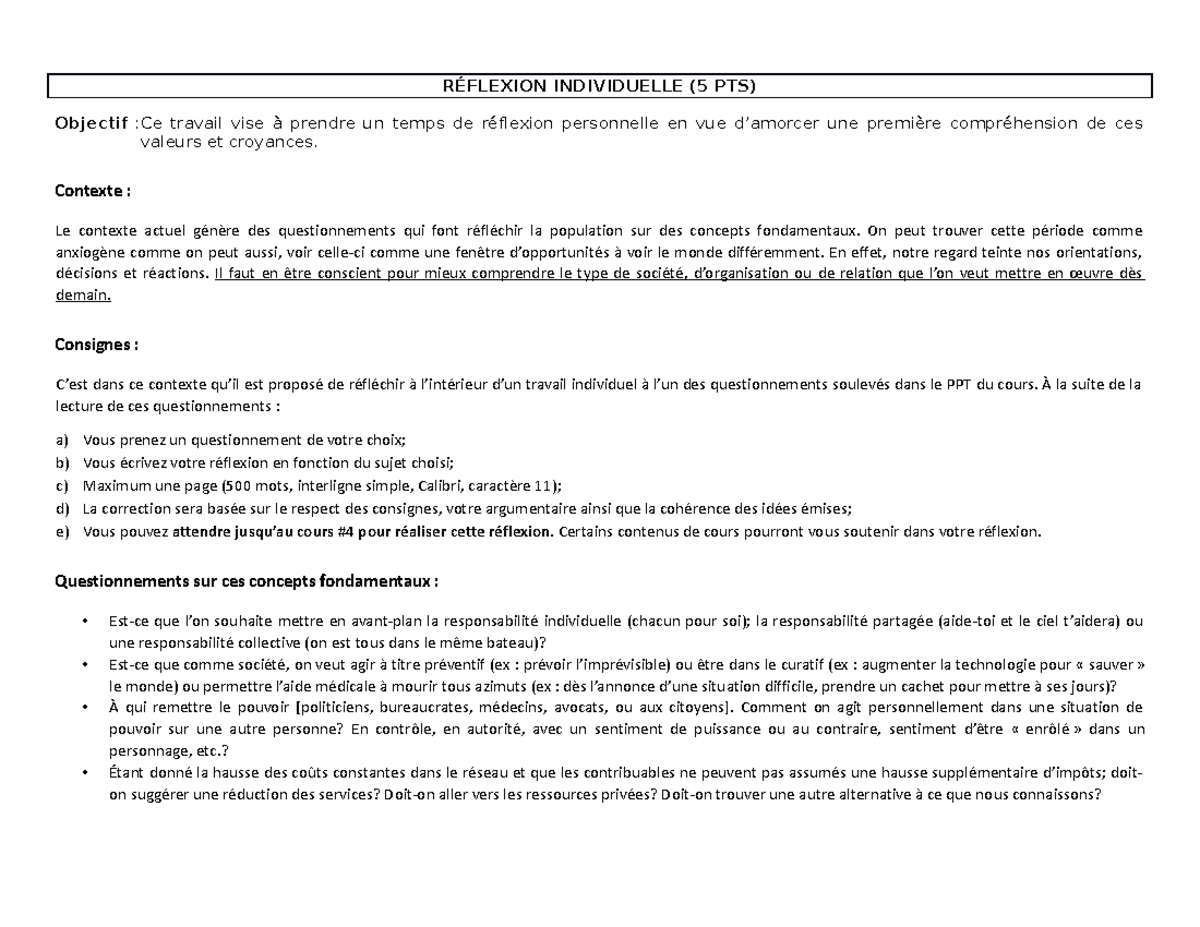 Exercice reflexion ete 2023 - RÉFLEXION INDIVIDUELLE (5 PTS) Objectif ...