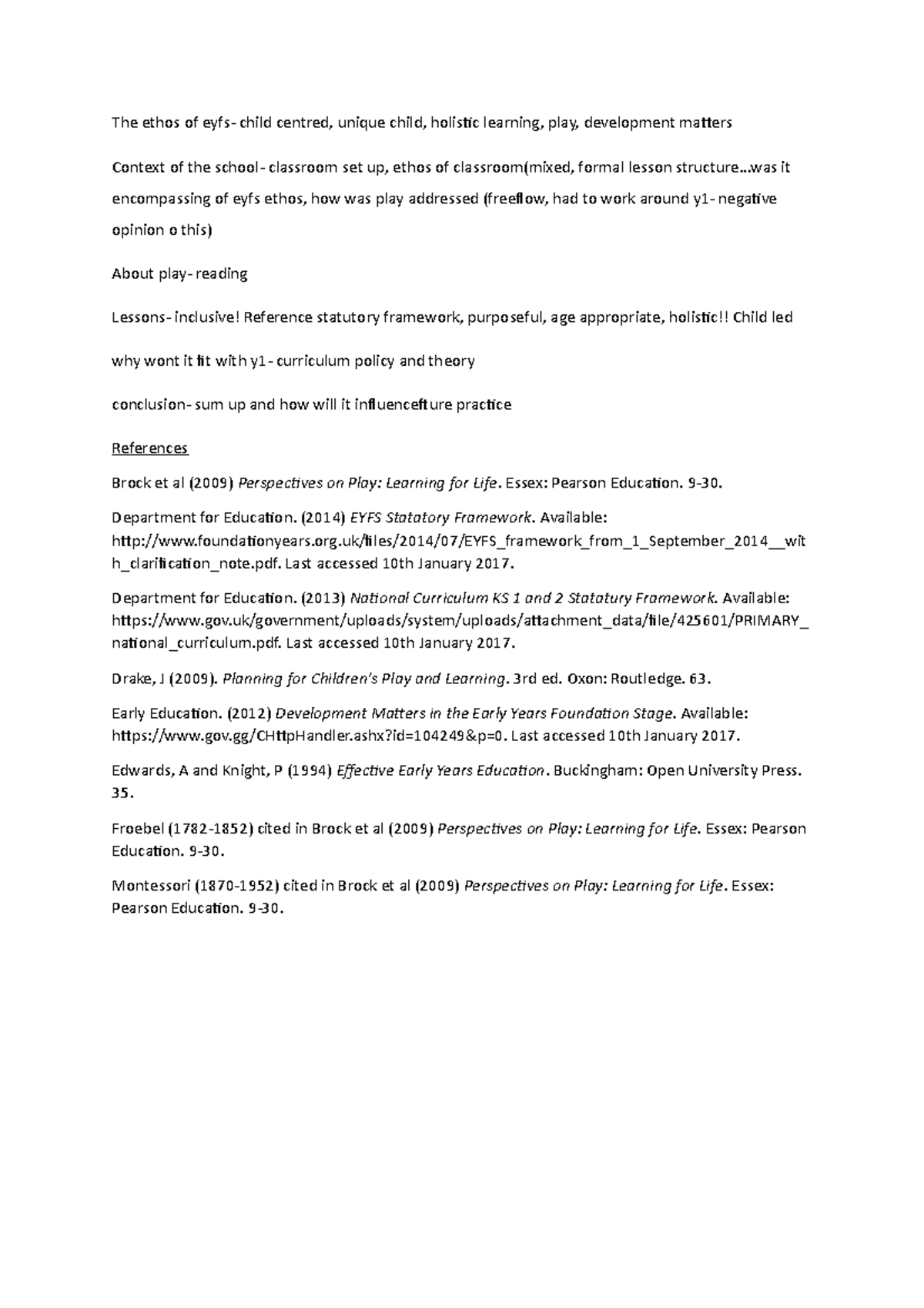 Interlinking learning reference list - The ethos of eyfs- child centred ...
