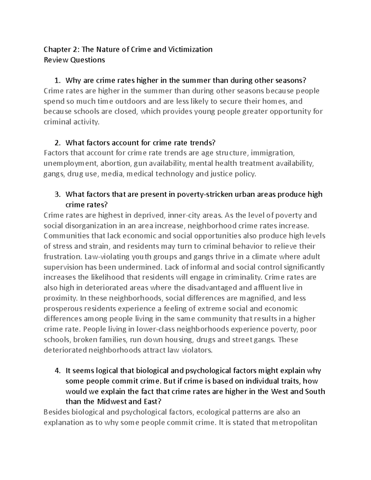 Chapter 2 homework questions - Chapter 2: The Nature of Crime and ...
