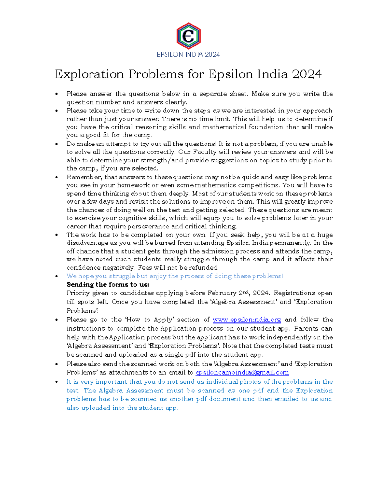 Exploration Problems for Epsilon India 2024 - Make sure you write the ...