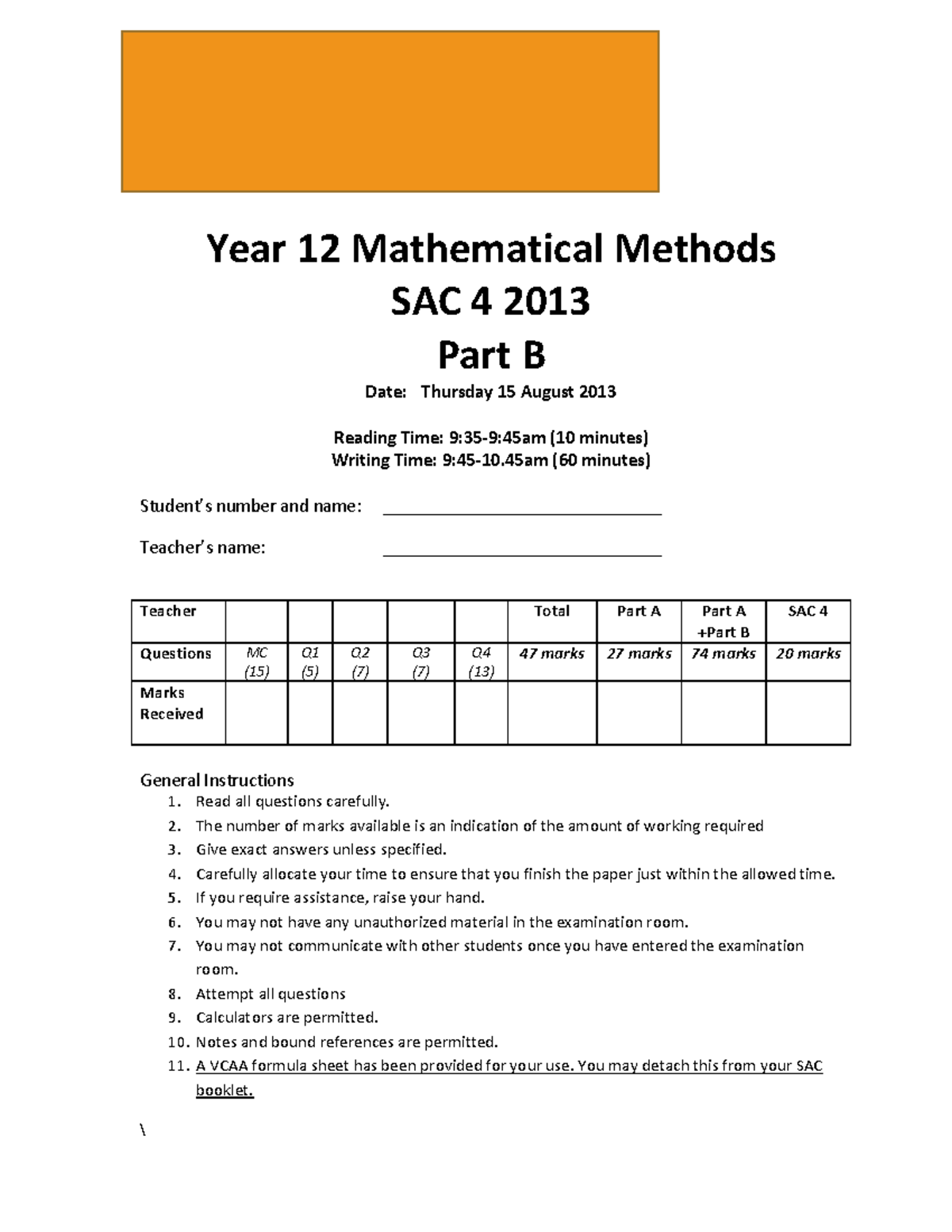SAC 4 2013 Part B Multiple Choice Analysis - Year 12 Mathematical ...