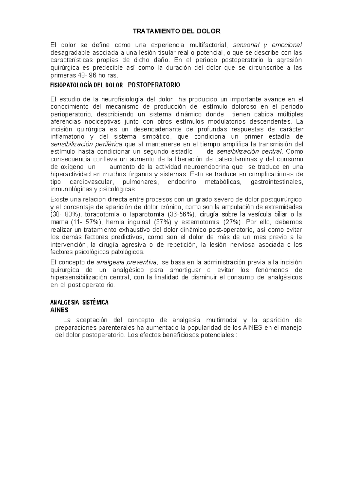 Anestesiologia general para la salida - TRATAMIENTO DEL DOLOR El dolor ...