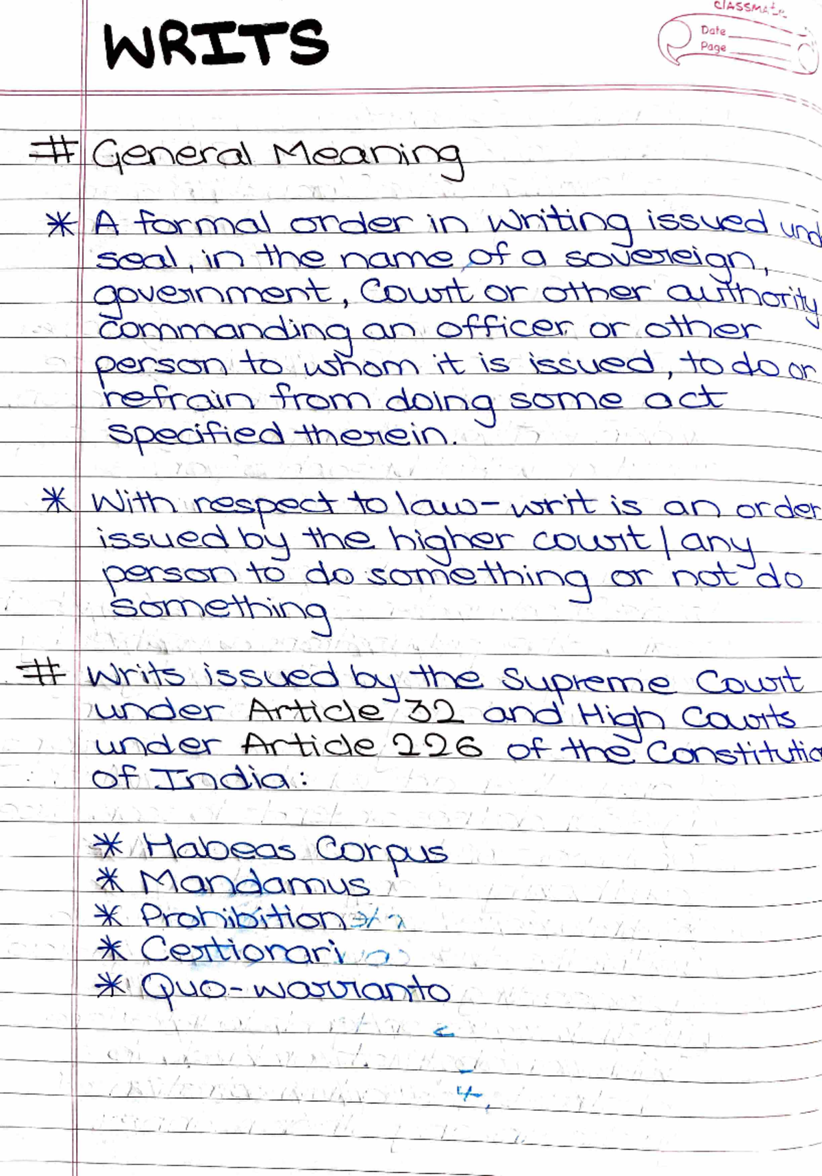 LLW 6 - helpful - CLASSMA be WRITS Date Page General Meaning A formal ...