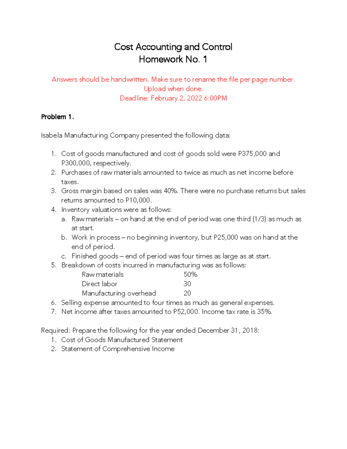 Homework 1 problem solving - Cost Accounting and Control Homework No. 1 ...