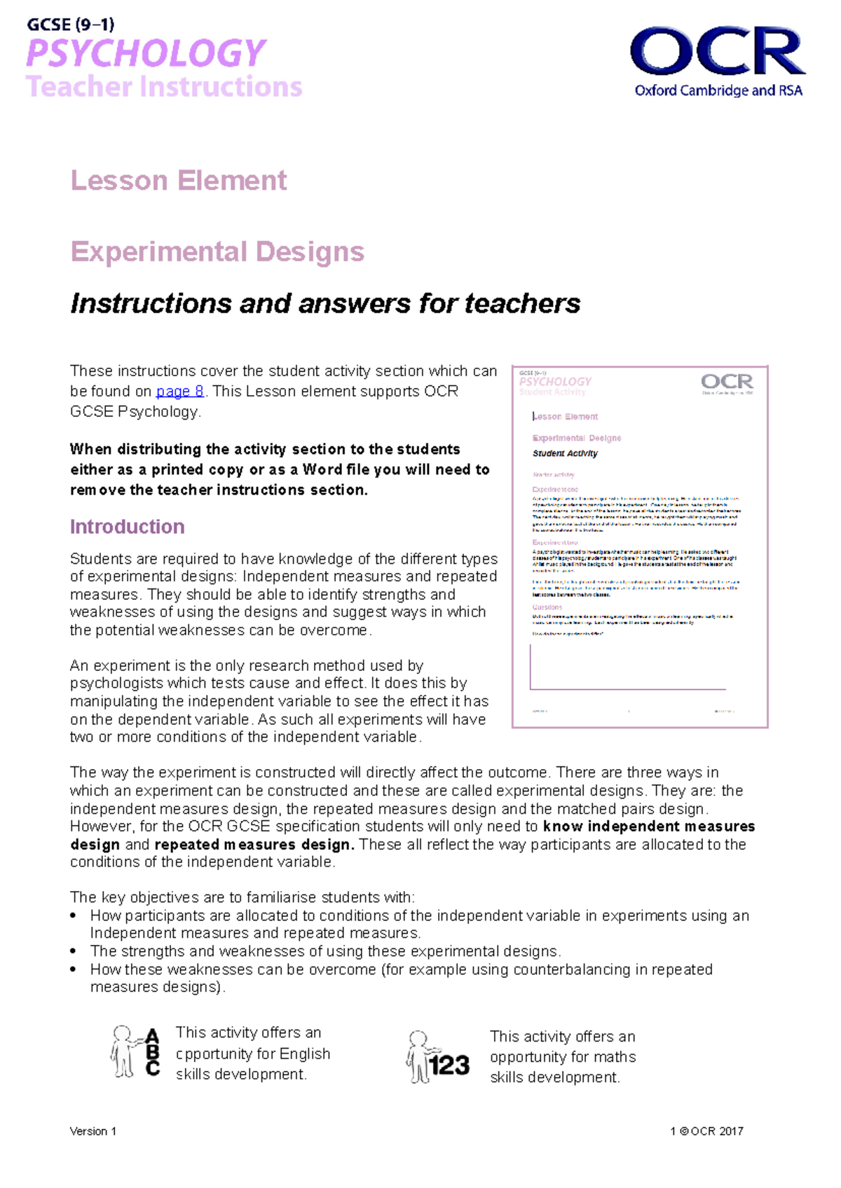 366776 experimental designs lesson element - Lesson Element ...