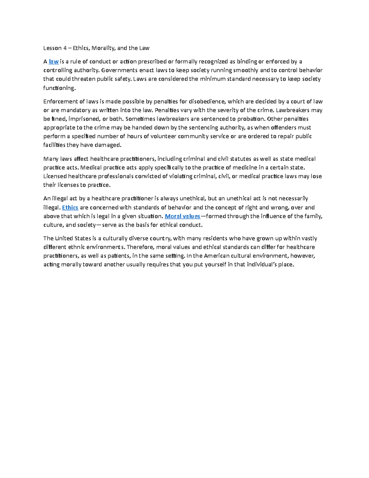 Lesson 4 – Ethics, Morality, and the Law - Lesson 4 – Ethics, Morality ...