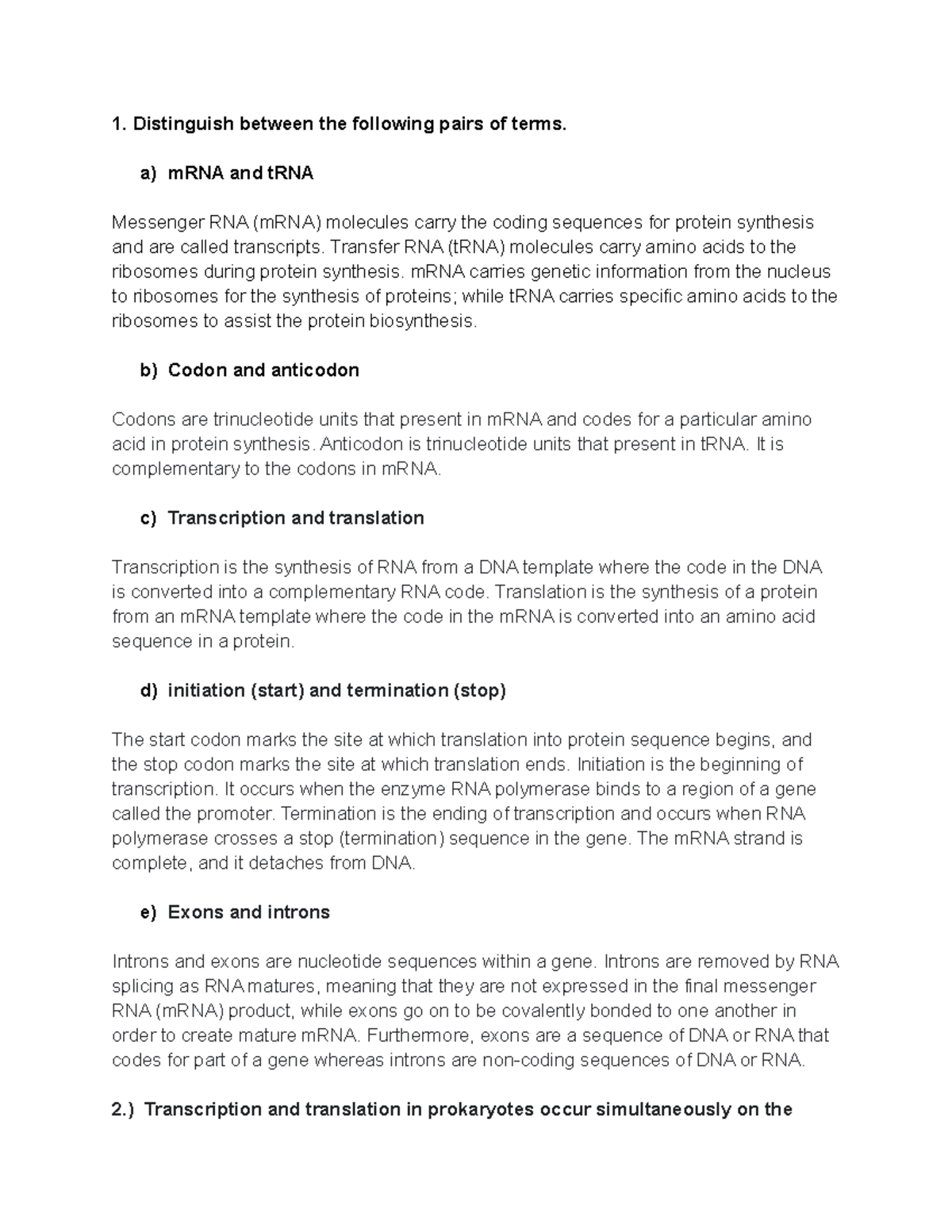 Protein Synthesis Assignment - 1. Distinguish between the following ...