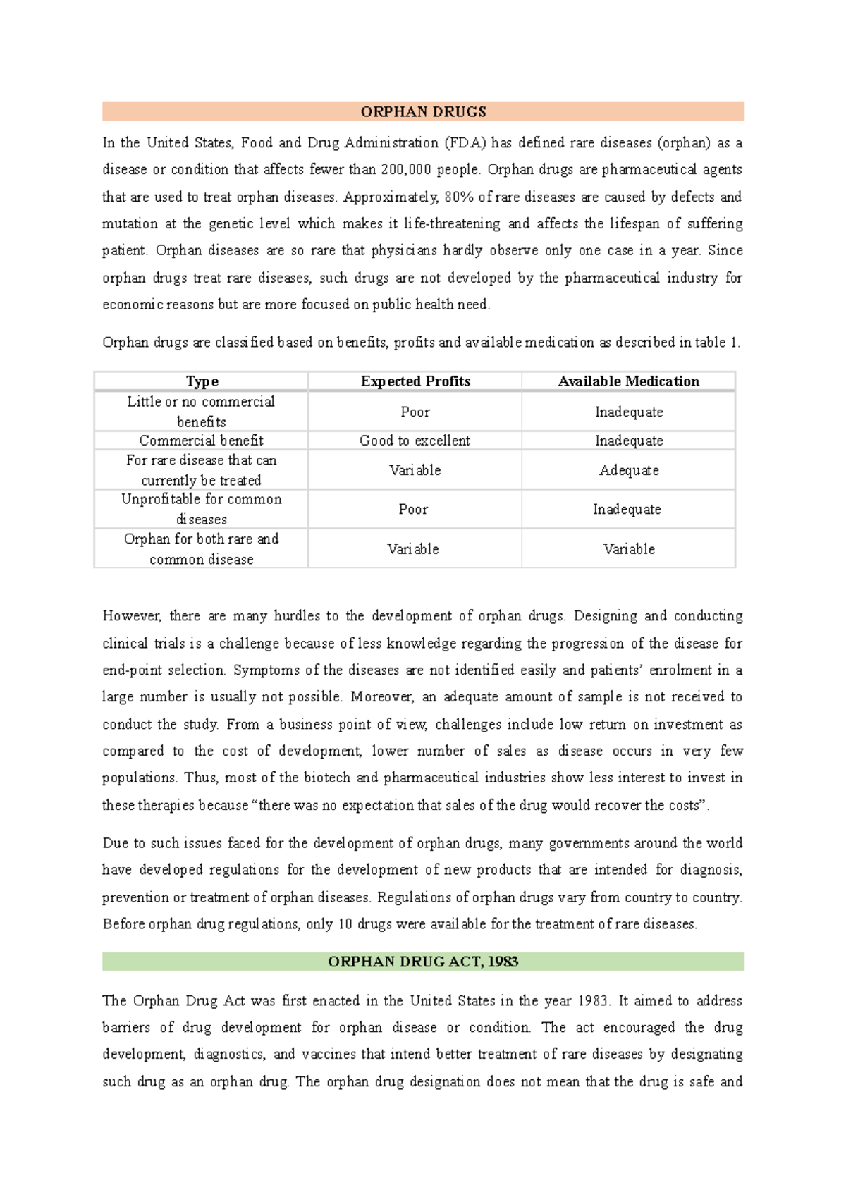Orphan Drugs - ORPHAN DRUGS In the United States, Food and Drug ...