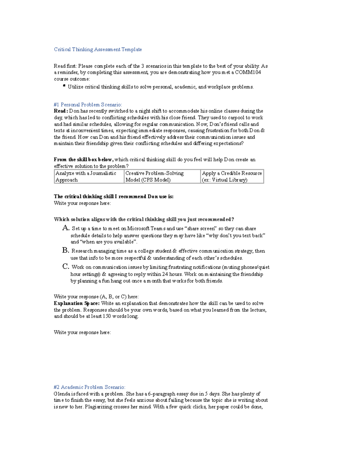 COMM104 W6 Critical Thinking Template - Critical Thinking Assessment ...