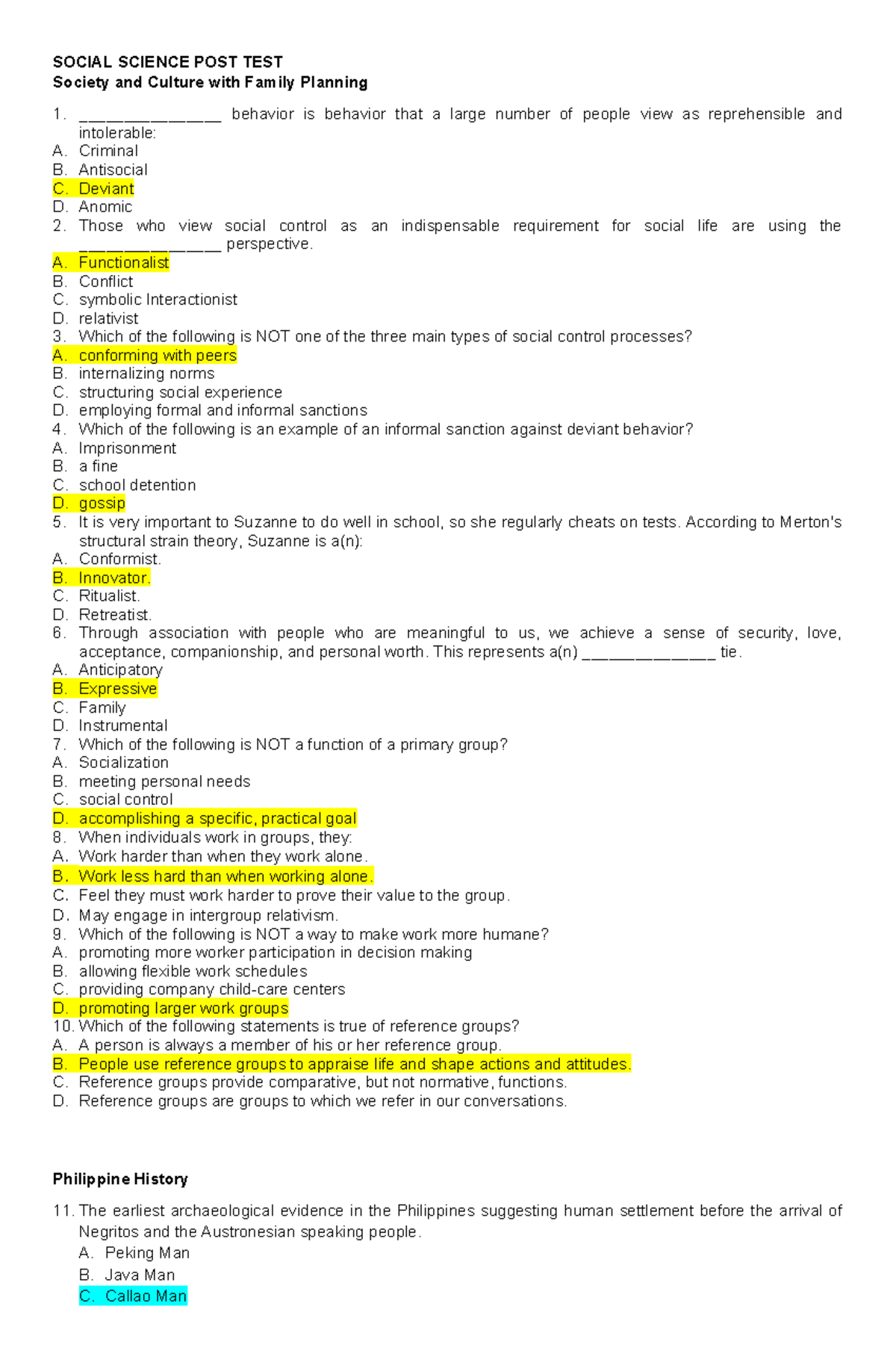 Social Science POST TEST - SOCIAL SCIENCE POST TEST Society and Culture ...