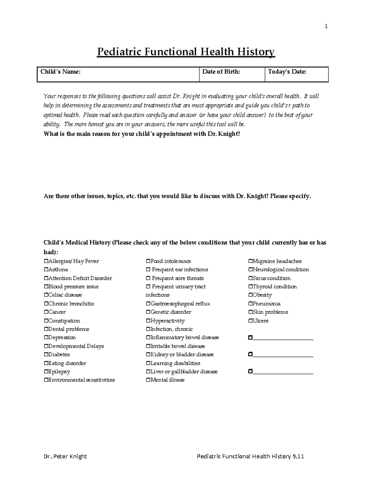 Pediatric-Health-Assessment - Pediatric Functional Health History Child ...