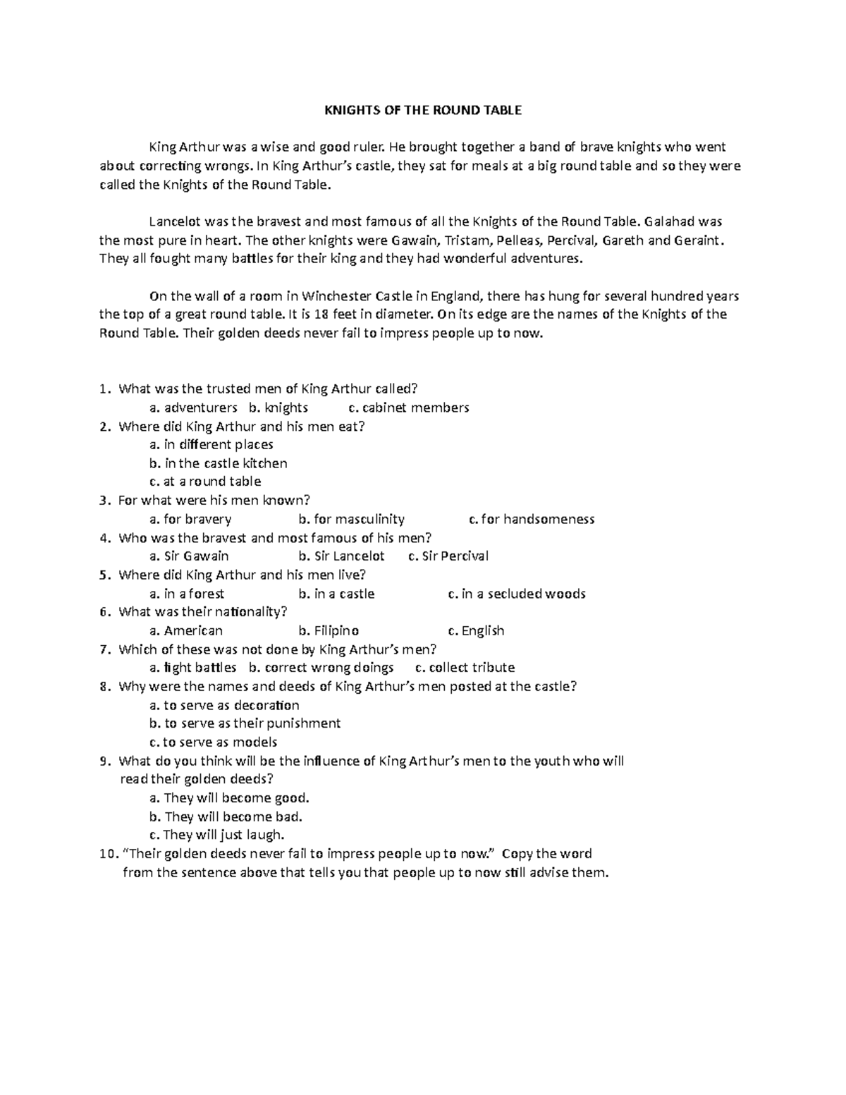 Knights OF THE Round Table - KNIGHTS OF THE ROUND TABLE King Arthur was ...