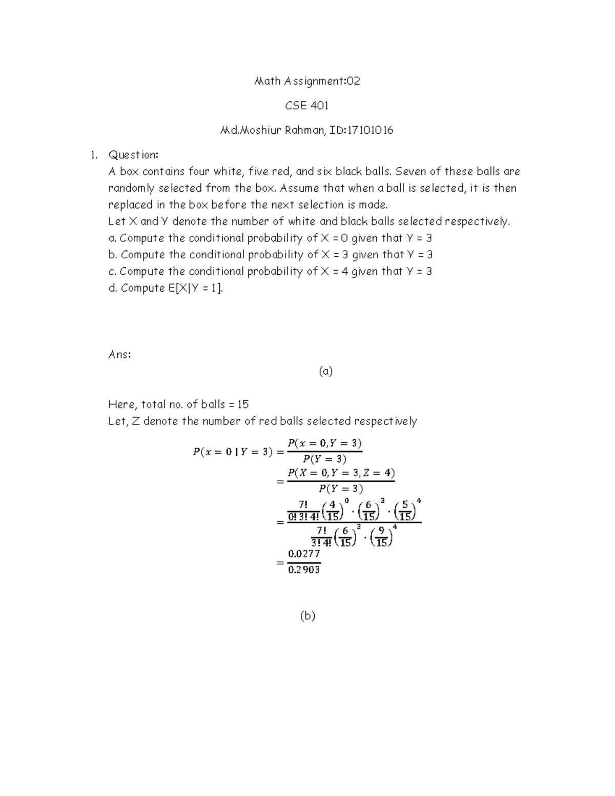 Probability Problems and Solutions - Math Assignment: CSE 401 Md Rahman ...