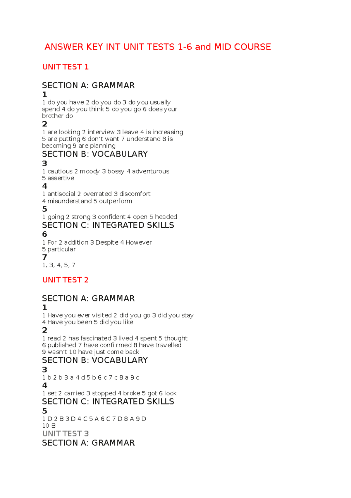 Answer KEY INT UNIT Tests 1-6 AND MID- Course - ANSWER KEY INT UNIT ...