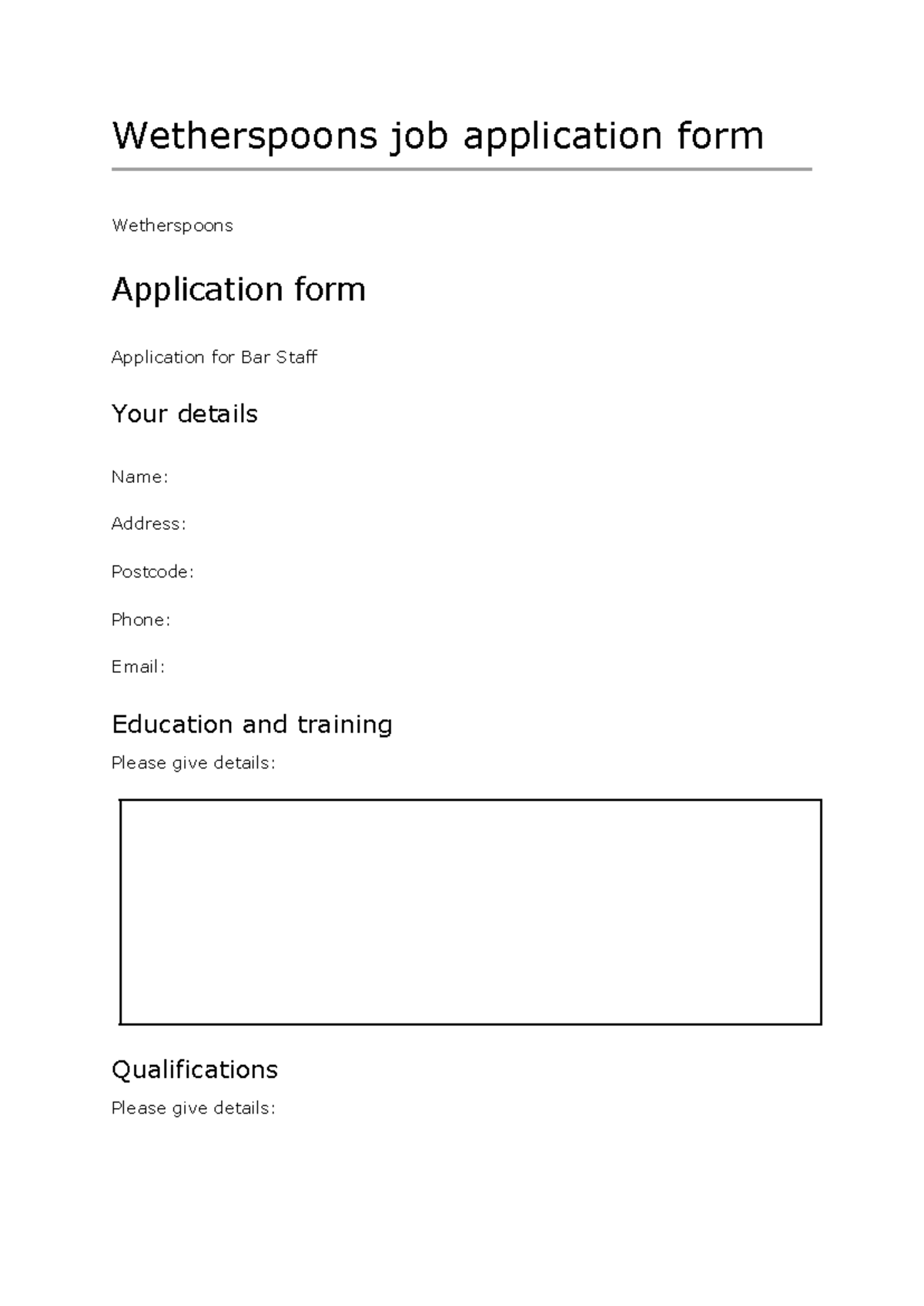 Job application form wetherspoons - Wetherspoons job application form ...