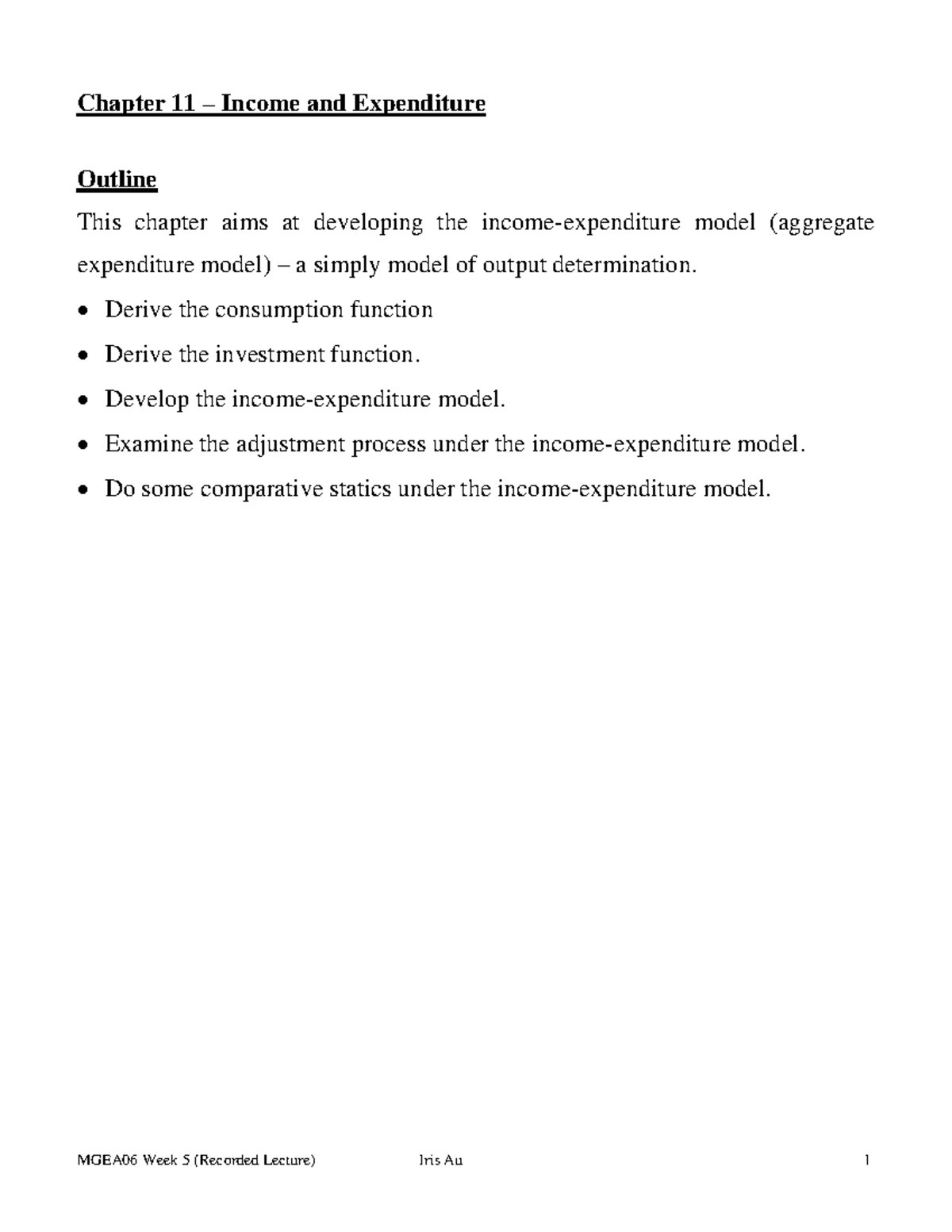 Week 5 - Income-Expenditure Model (Recorded) - Chapter 11 – Income and ...